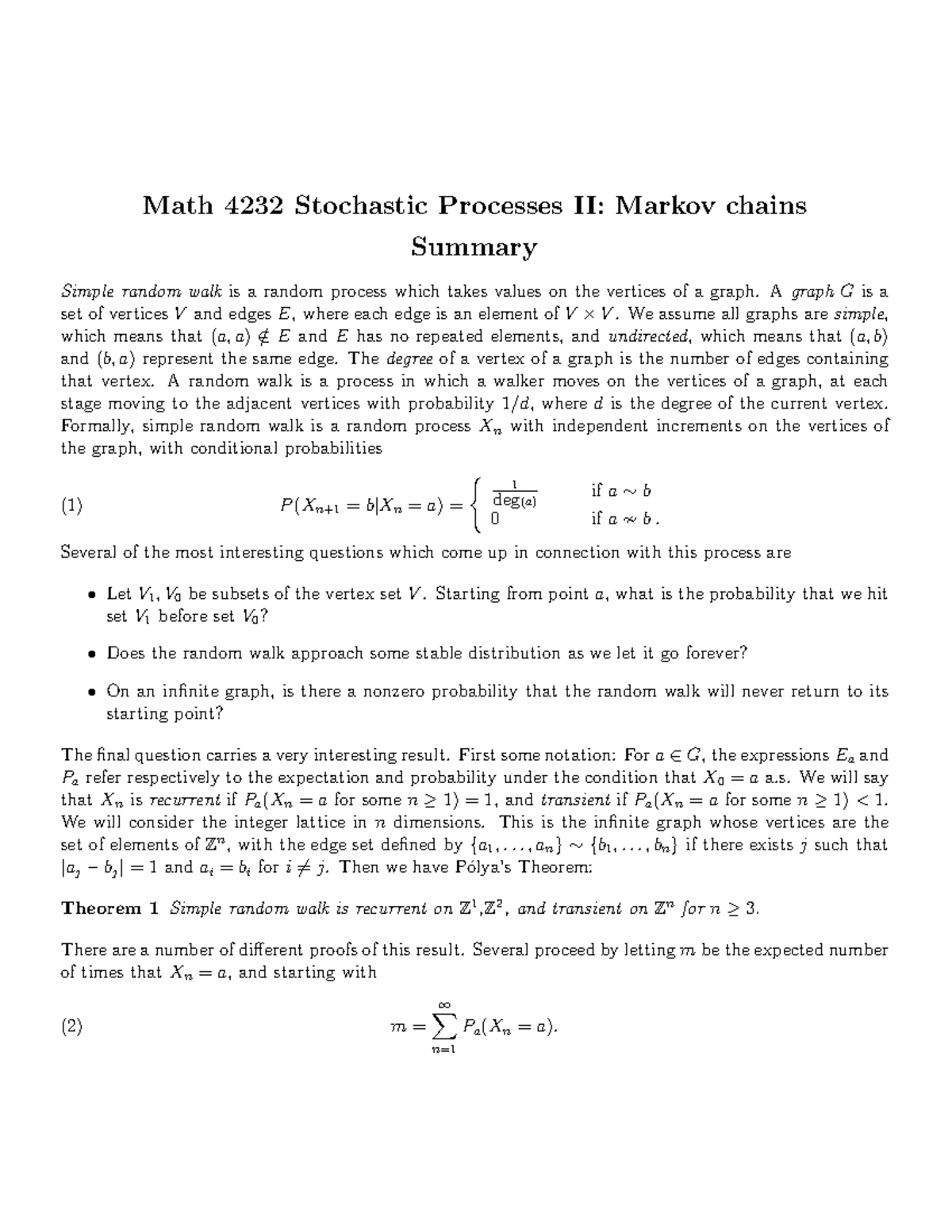 Summary math 4232 - Stochastic Processes II Markov chains - Math 4232 Stochastic Processes II ...