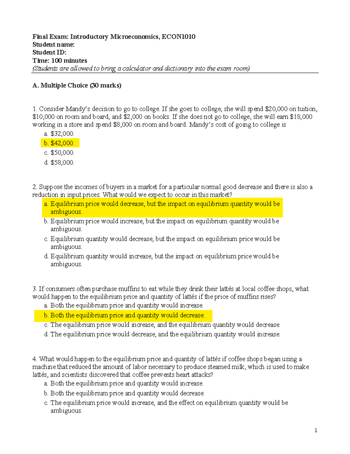 Final Exam Mop ECON1010 - Final Exam: Introductory Microeconomics, ECON ...