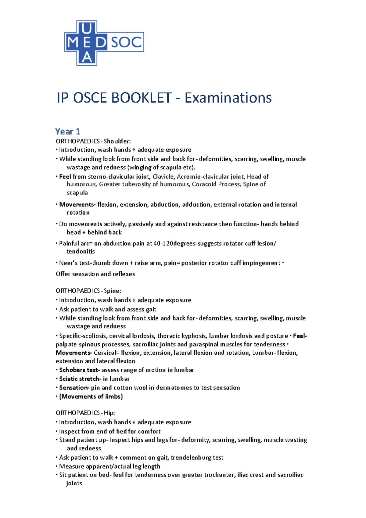 OSCE-Book - n/a - IP OSCE BOOKLET - Examinations Year 1 ORTHOPAEDICS ...