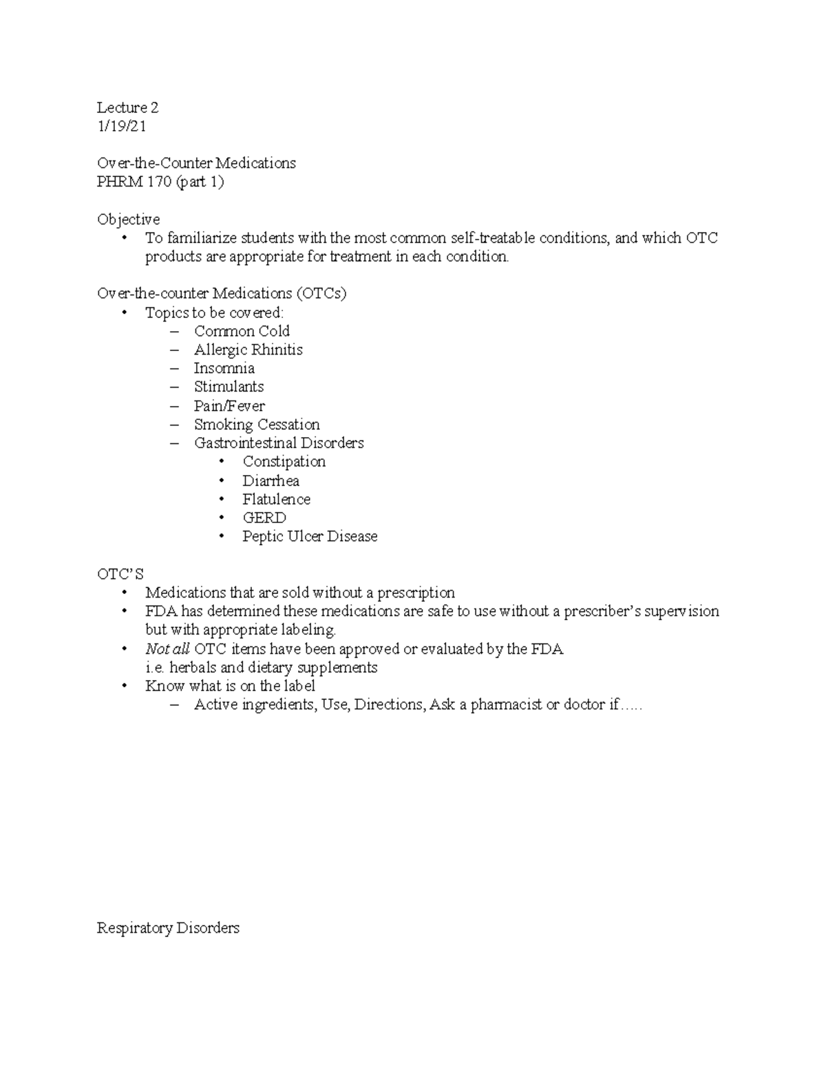 Lecture 2 - over the counter drugs part one - Lecture 2 1/19/ Over-the ...