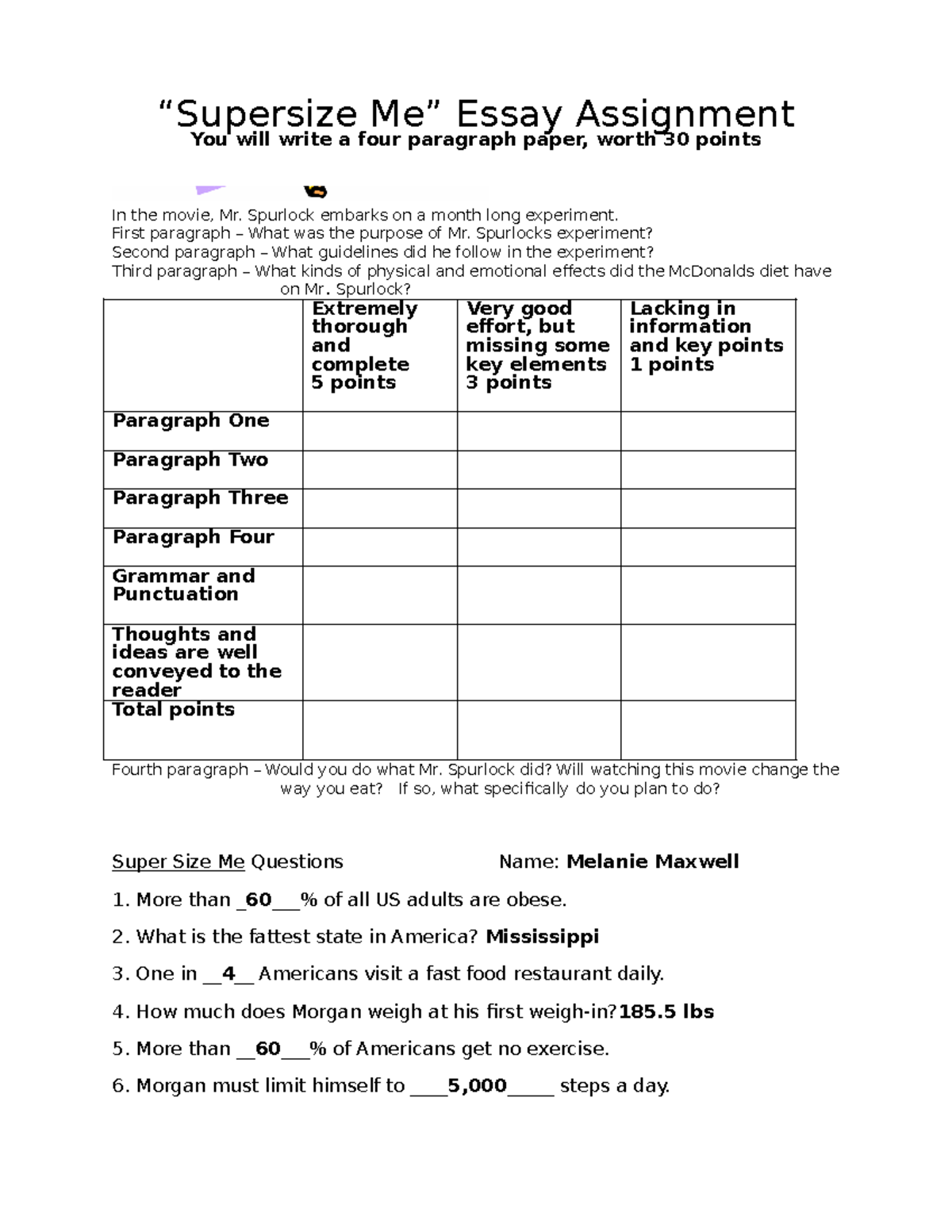 Supersize Me Essay Assignment - “Supersize Me” Essay Assignment You ...