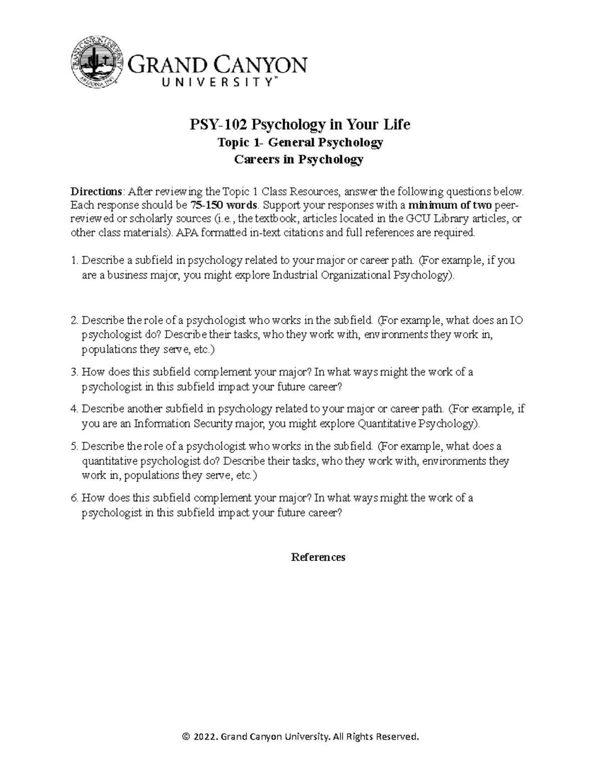 PSY-102-RS-T1-Careersin Psychology - PSY-102 Psychology in Your Life Topic 1- General Psychology ...