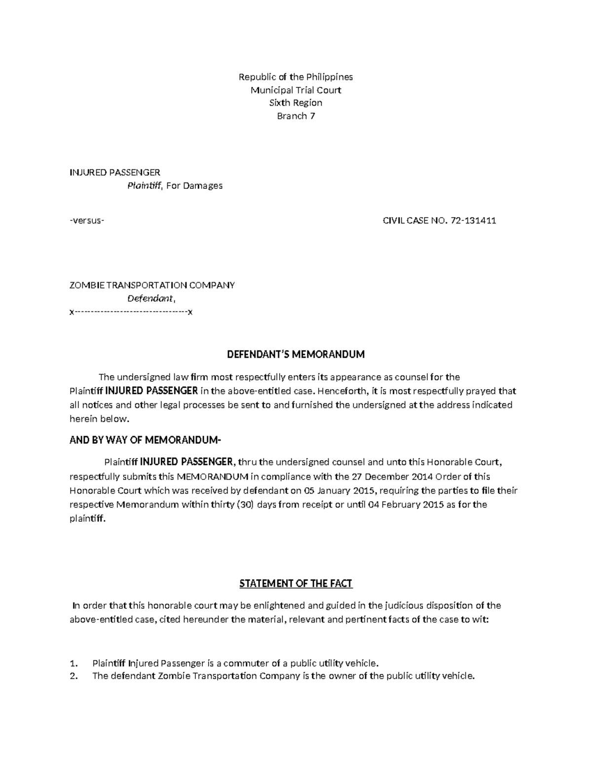 Sample-legal-memorandum - Republic of the Philippines Municipal Trial ...