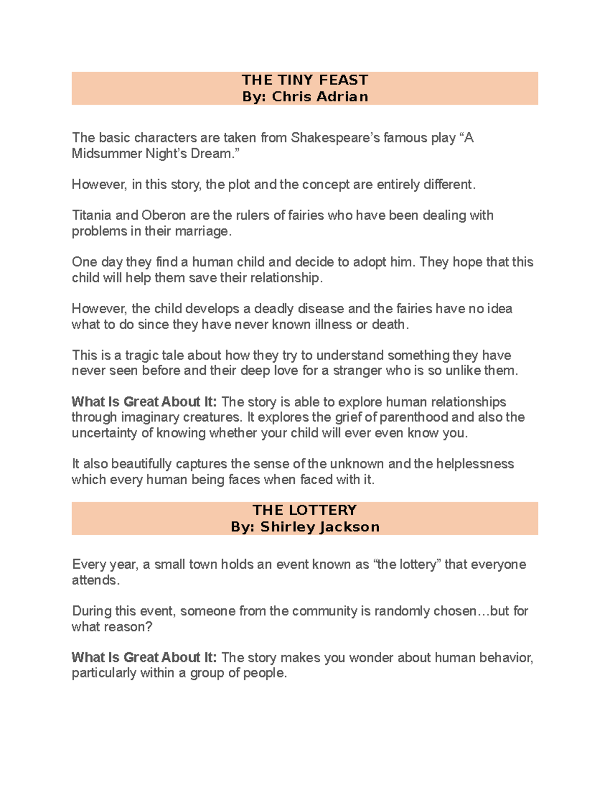The Five Short Stories Entry 5 - THE TINY FEAST By: Chris Adrian The ...