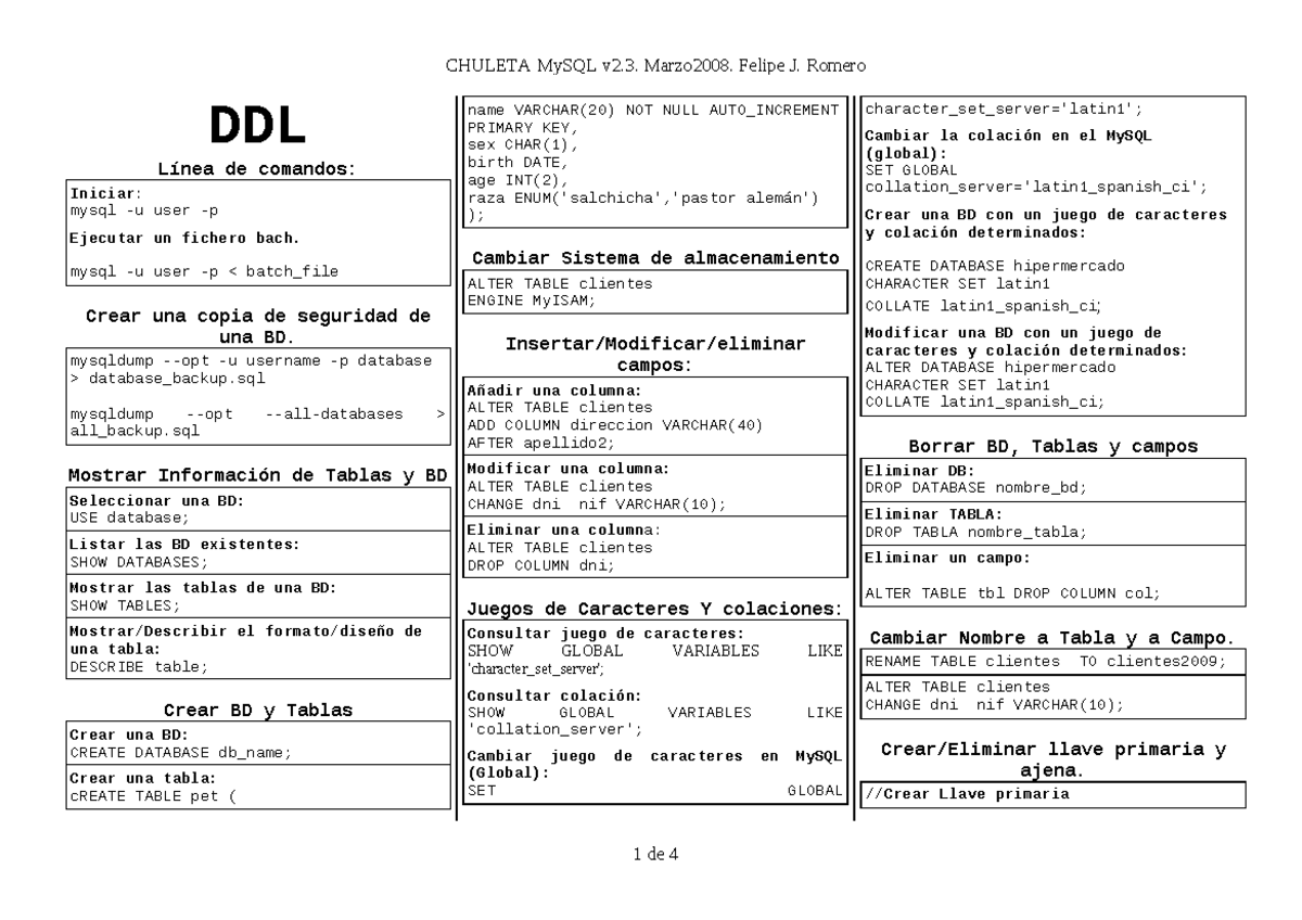 Chuleta My SQL 2 - todo completo el libro - DDL Línea de comandos ...