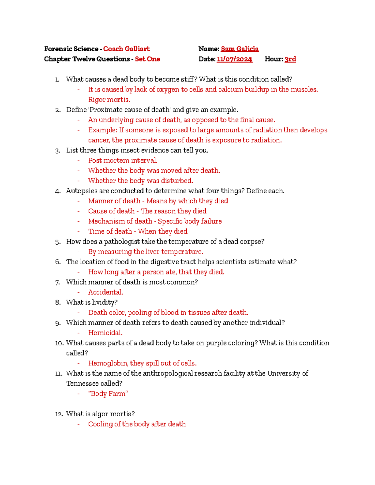 Chapter Twelve Questions - Set One - Forensic Science - Coach Galliart ...