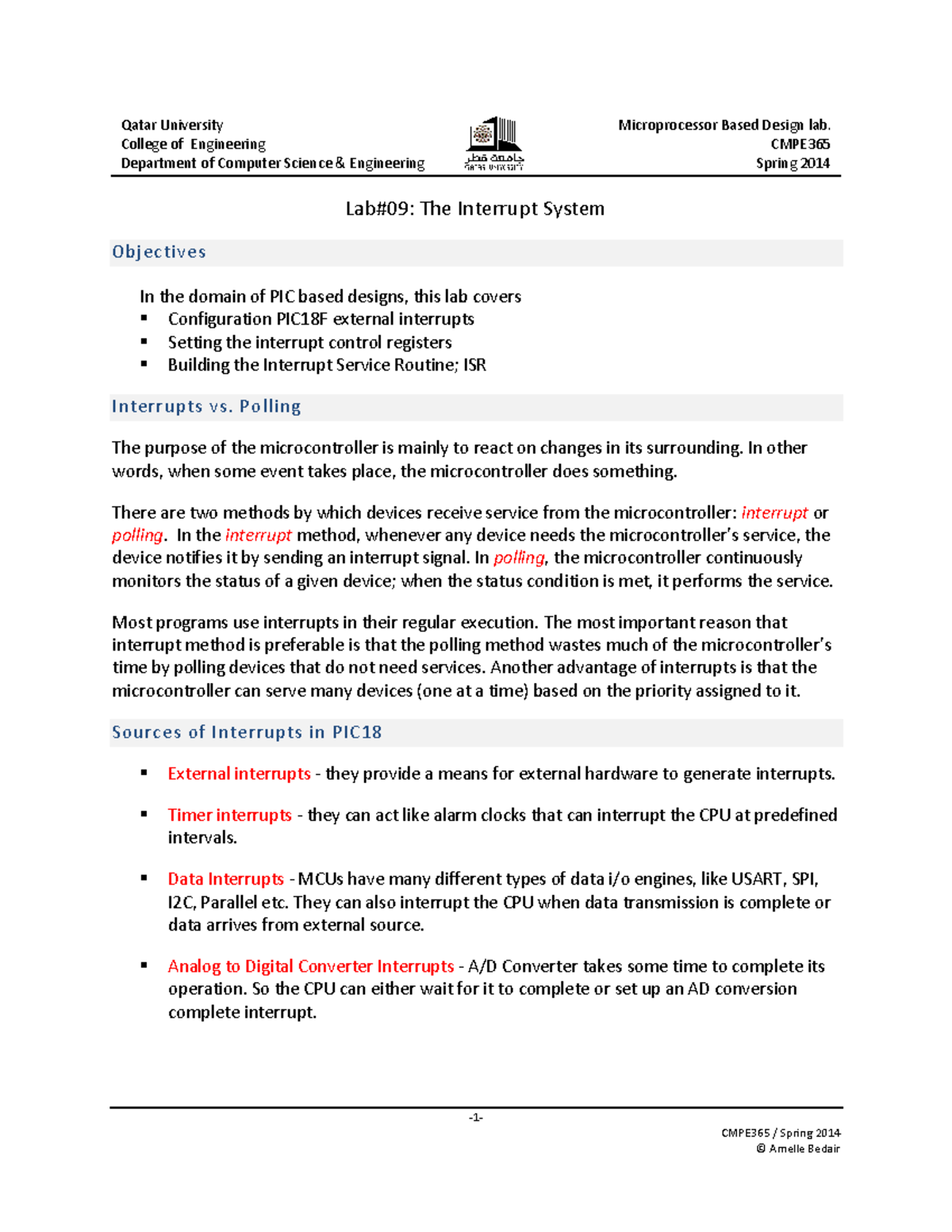[Spring 2014 ] Lab #09 - The Interrupt System -1- CMPE365 / Spring 2014 ...