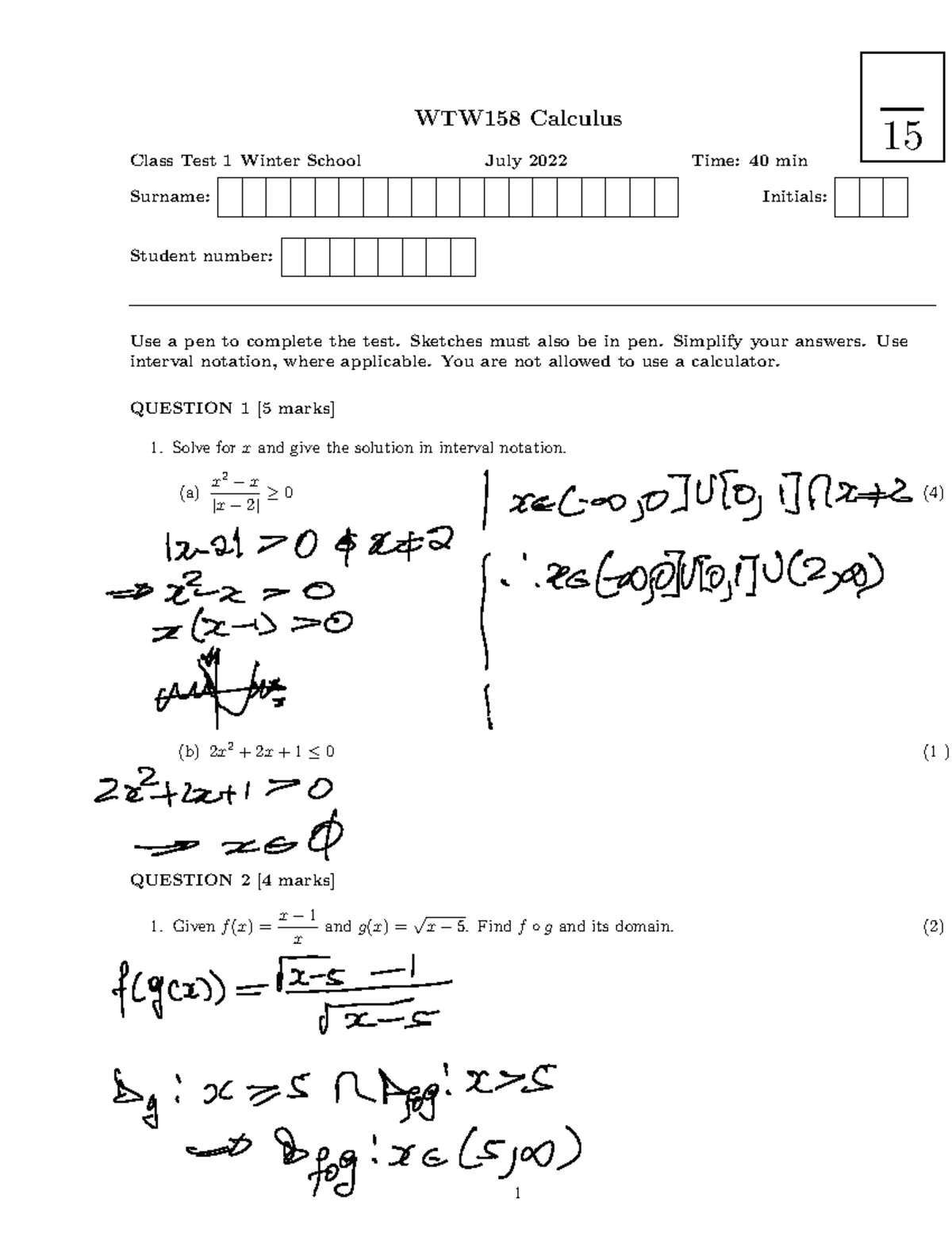 CT 1 Memo - Class test memos that were written in WTW 158 Winter school ...