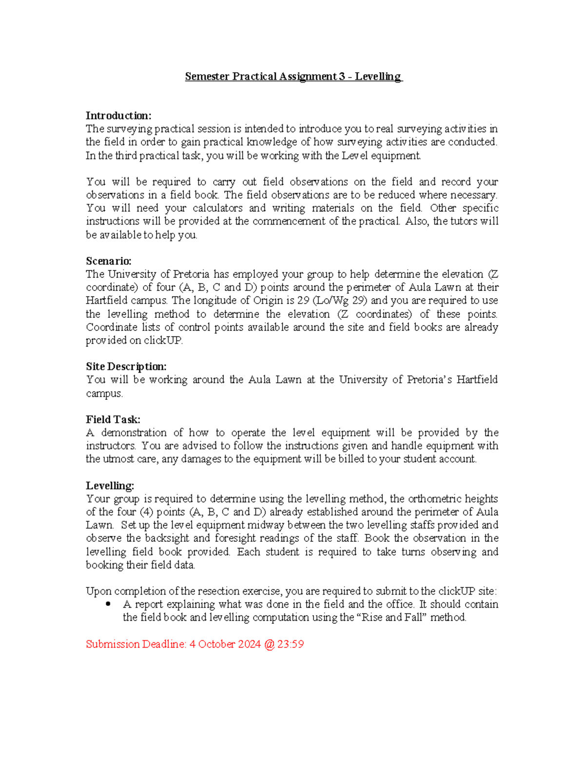 Surveying Practical Task 3 - Levelling - Semester Practical Assignment 3 - Levelling ...