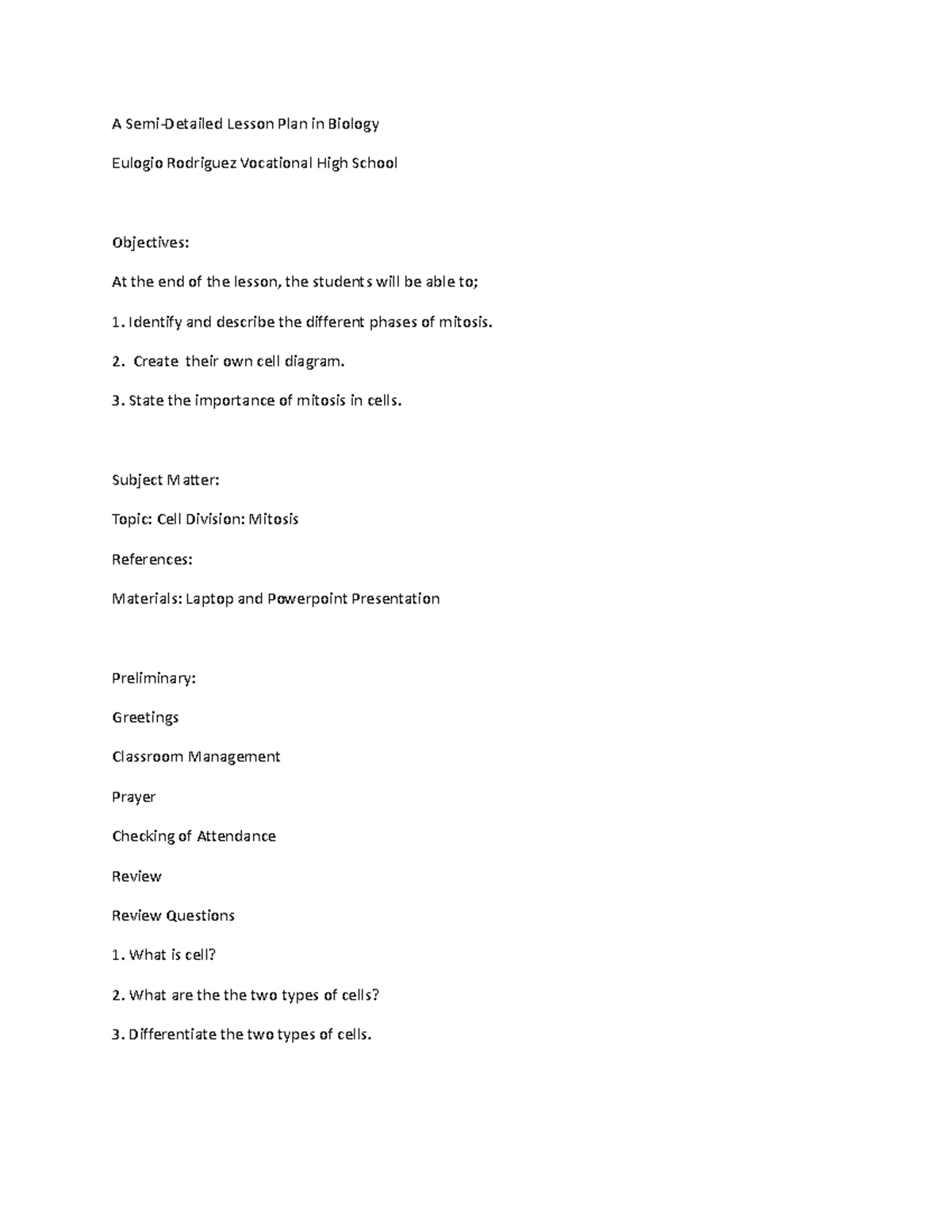Semi Detailed LP - A Semi-Detailed Lesson Plan in Biology Eulogio ...