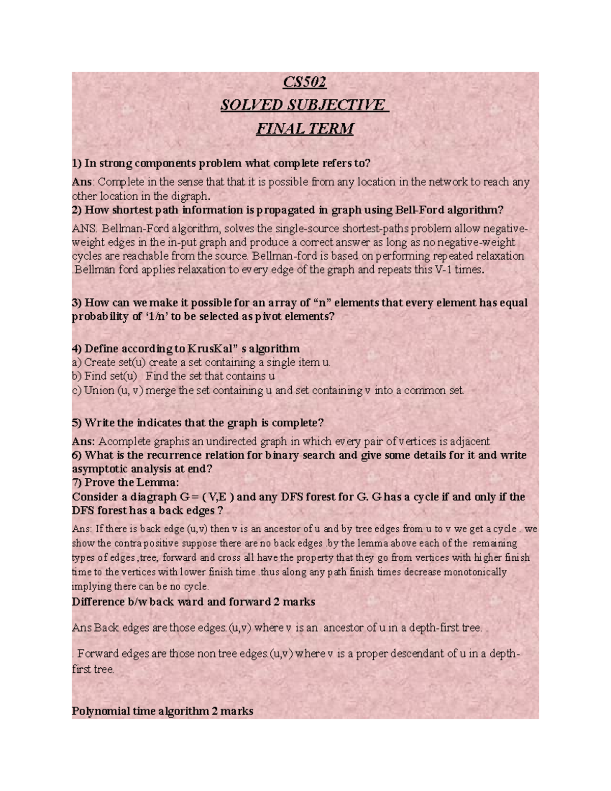 Exam 2012, questions and answers - CS502 SOLVED SUBJECTIVE FINAL TERM 1) In strong components ...