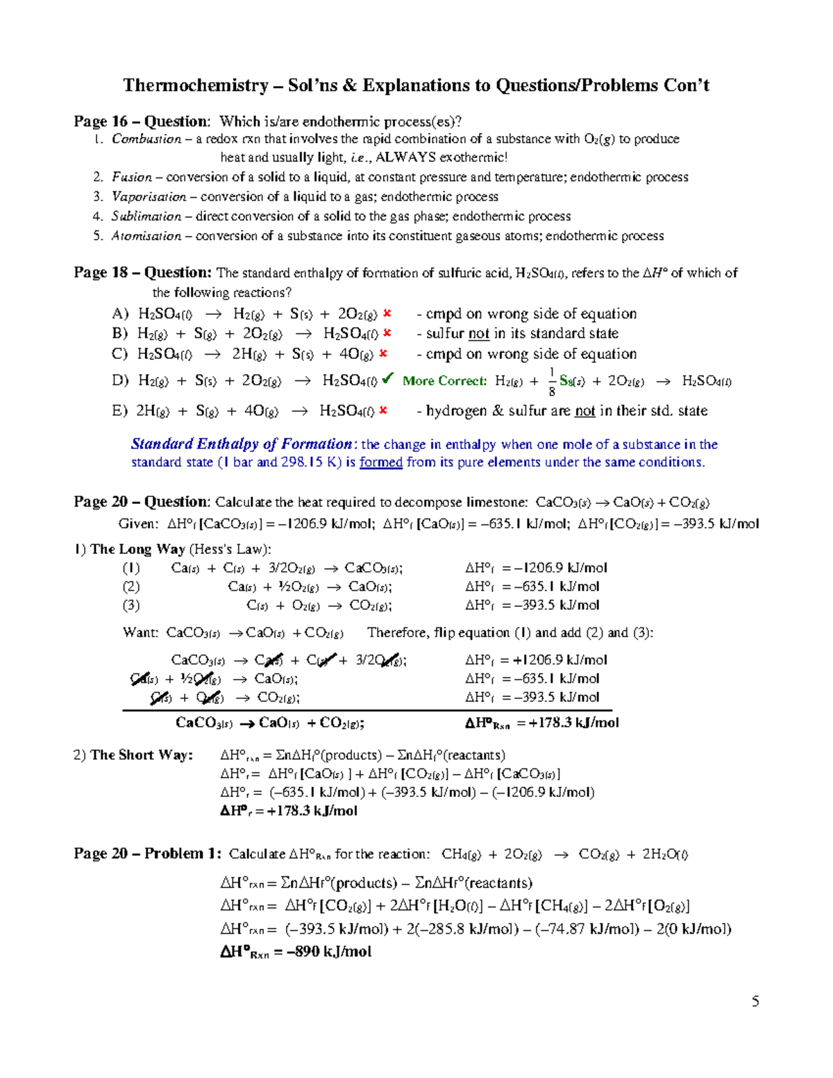 Solutions to Problems Thermo pages 16 to 30 - Thermochemistry – Sol’ns ...