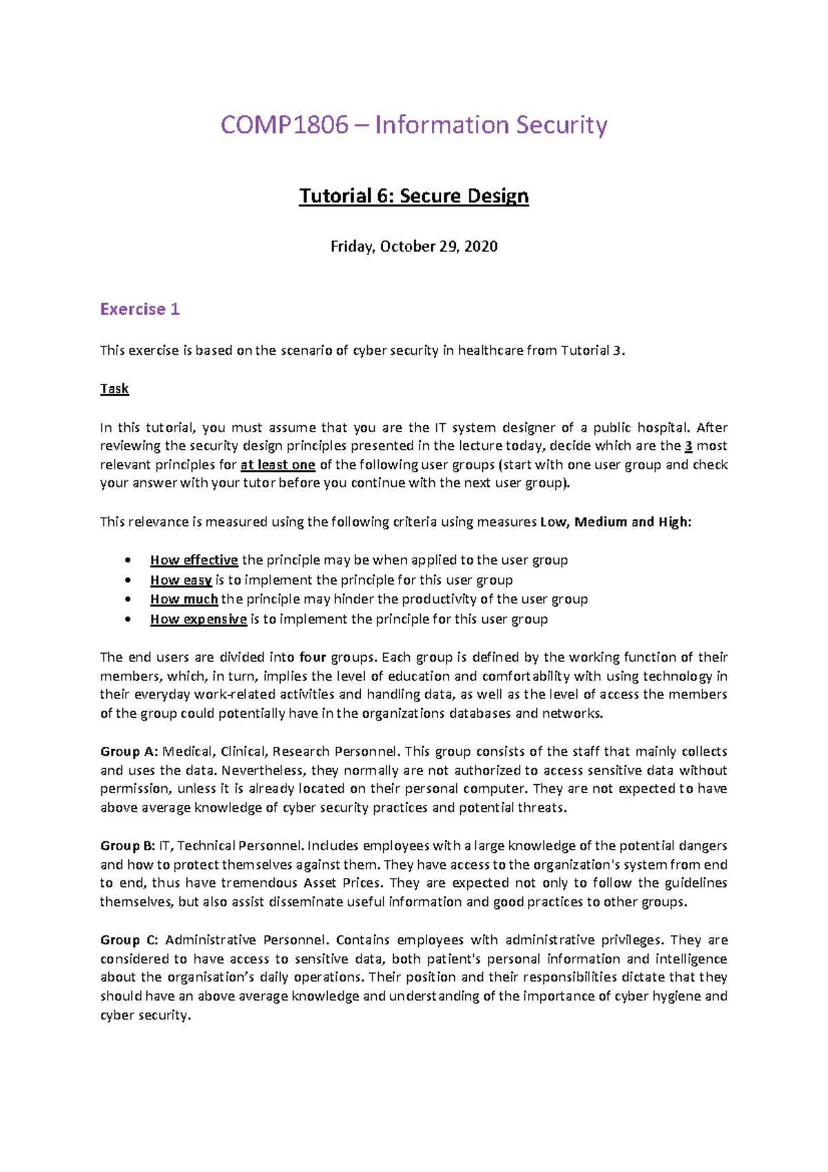 COM1806 Tutorial 6 - COMP1806 – Information Security Tutorial 6: Secure Design Friday, October ...
