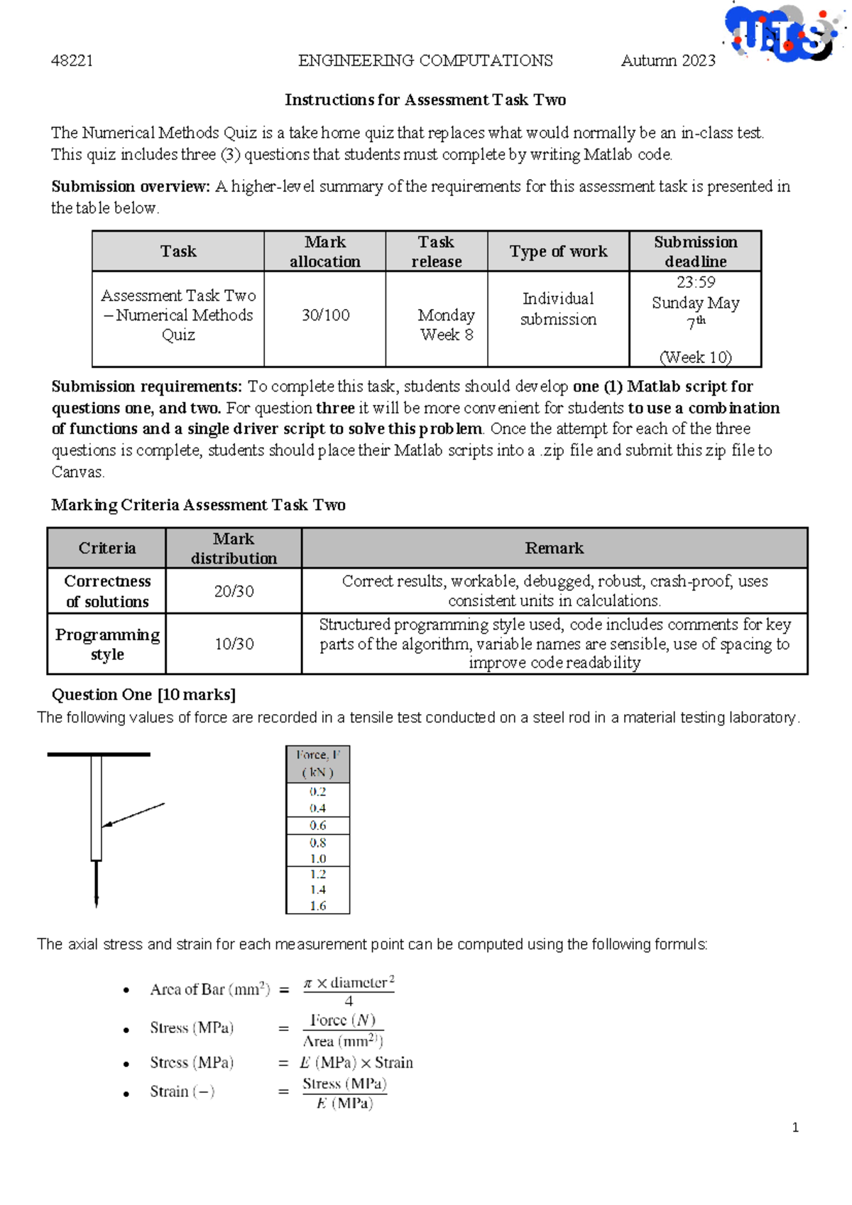 48221 - Engineering Computations 2022A - Assessment Task Two ...