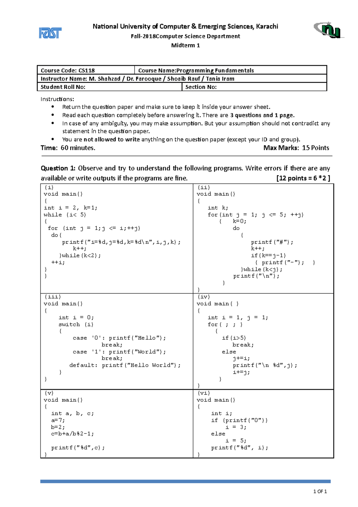 Mid One Exam(Fall2018 ) - National University of Computer & Emerging ...