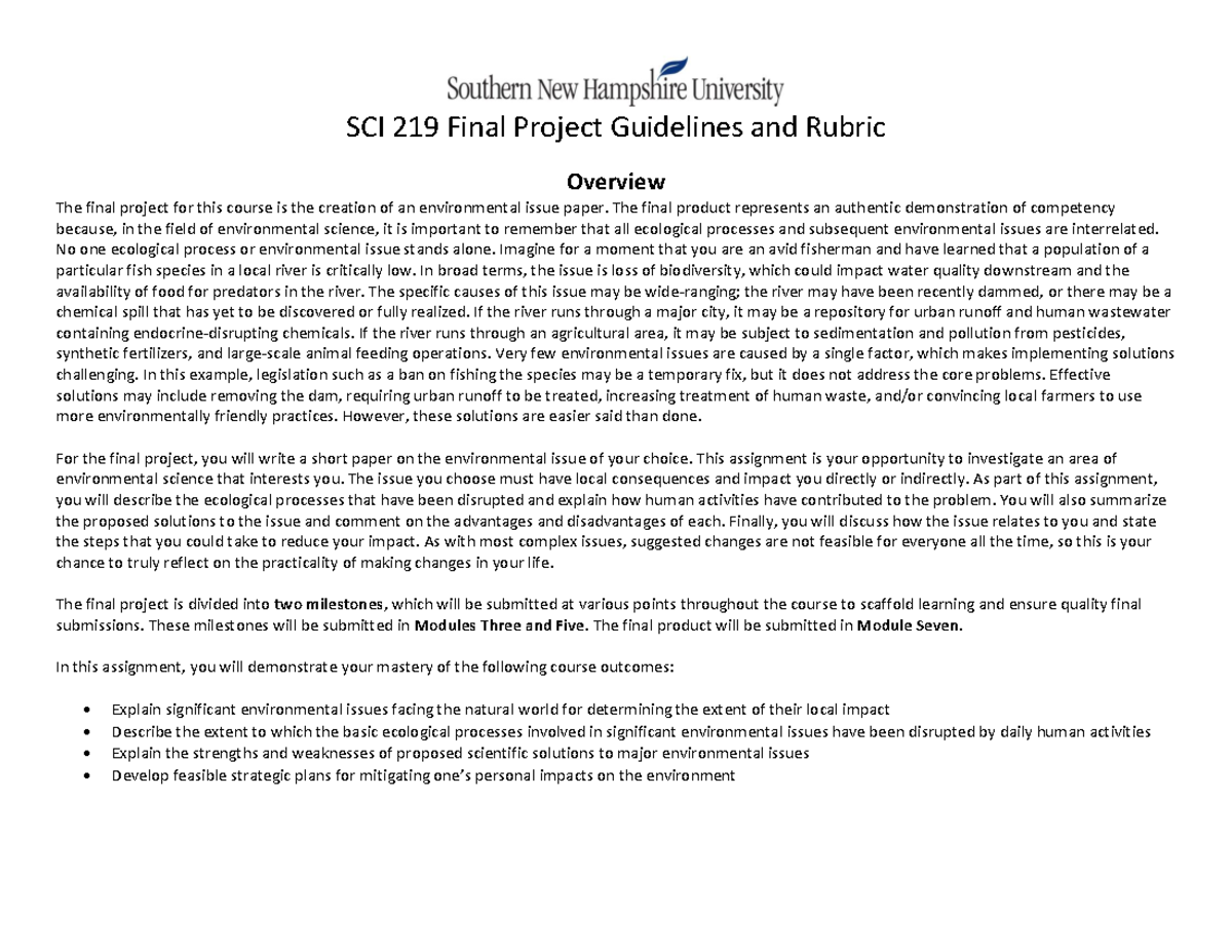 SCI 219 Final Project Guidelines and Rubric - SCI219 - SNHU - Studocu