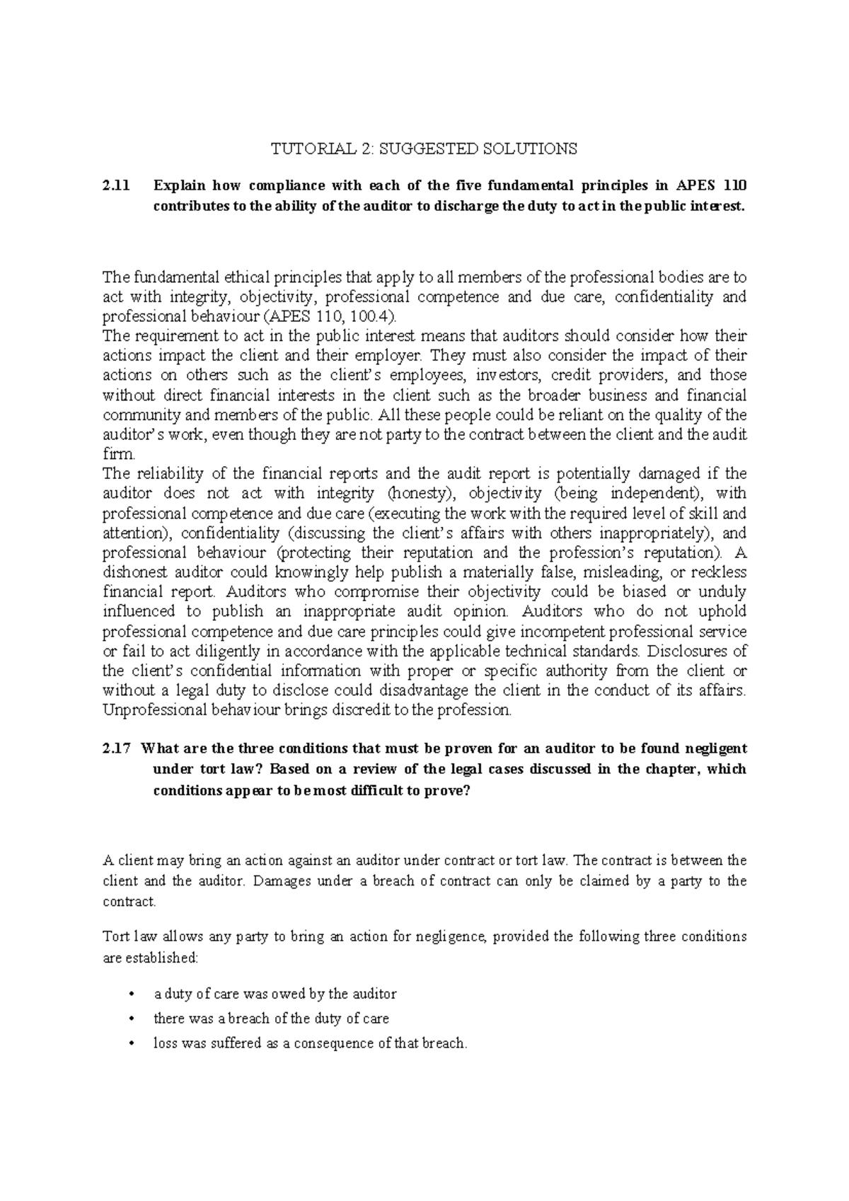 Auditing - Tutorial work - TUTORIAL 2 - 3 - TUTORIAL 2: SUGGESTED SOLUTIONS 2 Explain how ...