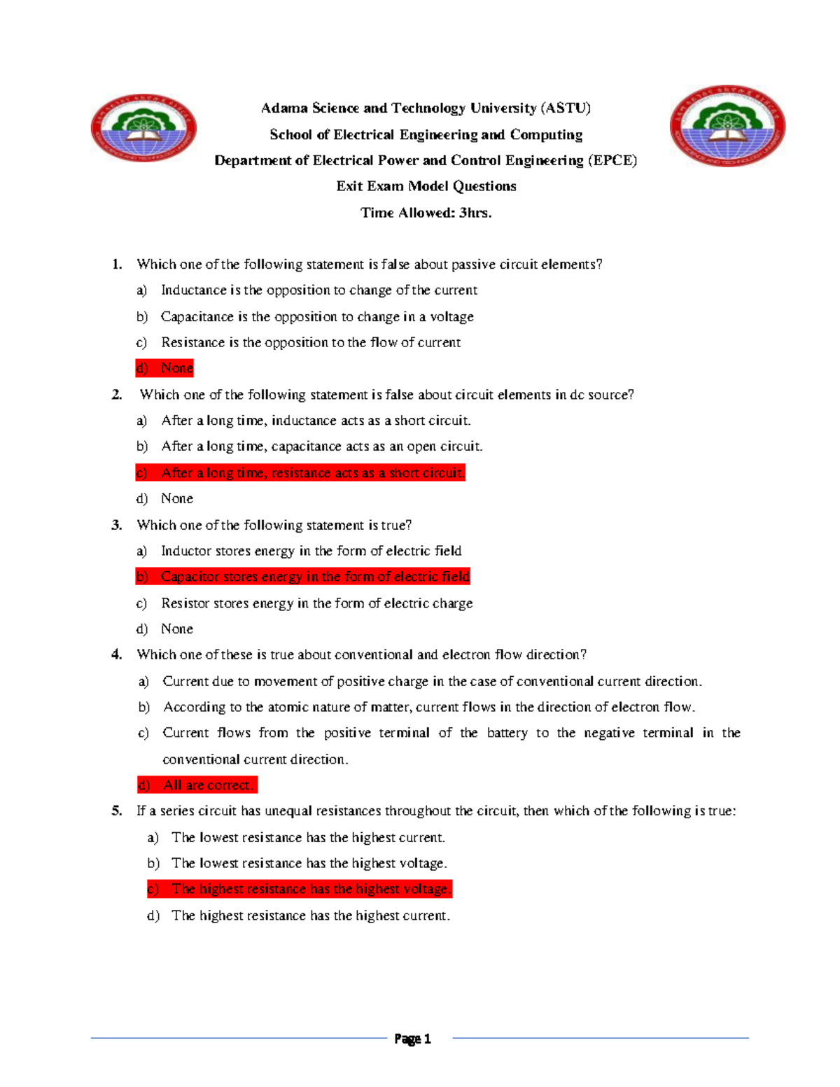 Modified Model Exit Exam Questions - Adama Science and Technology University (ASTU) School of ...