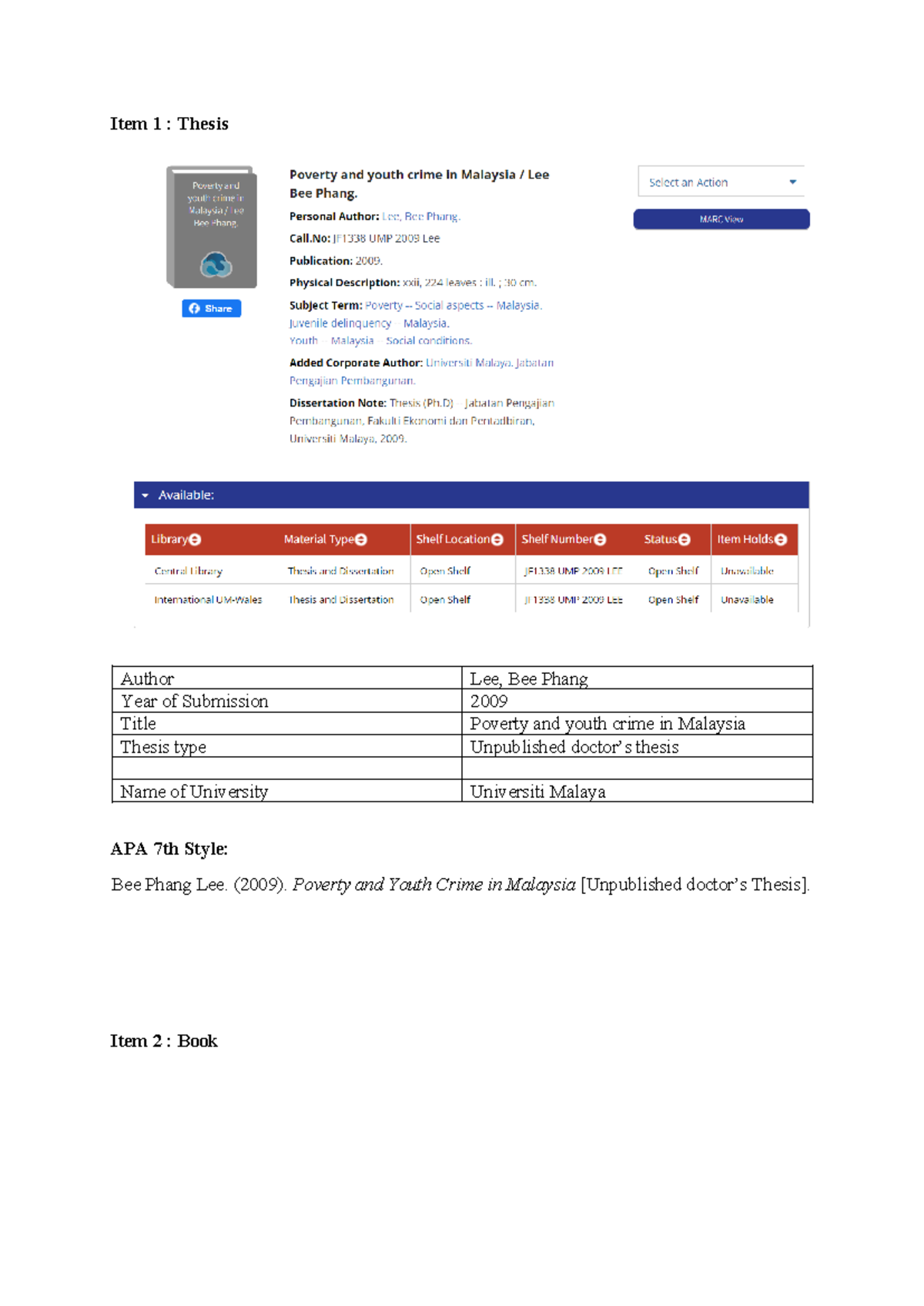 Part B - Item 1 : Thesis Author Lee, Bee Phang Year of Submission 2009 Title Poverty and youth ...