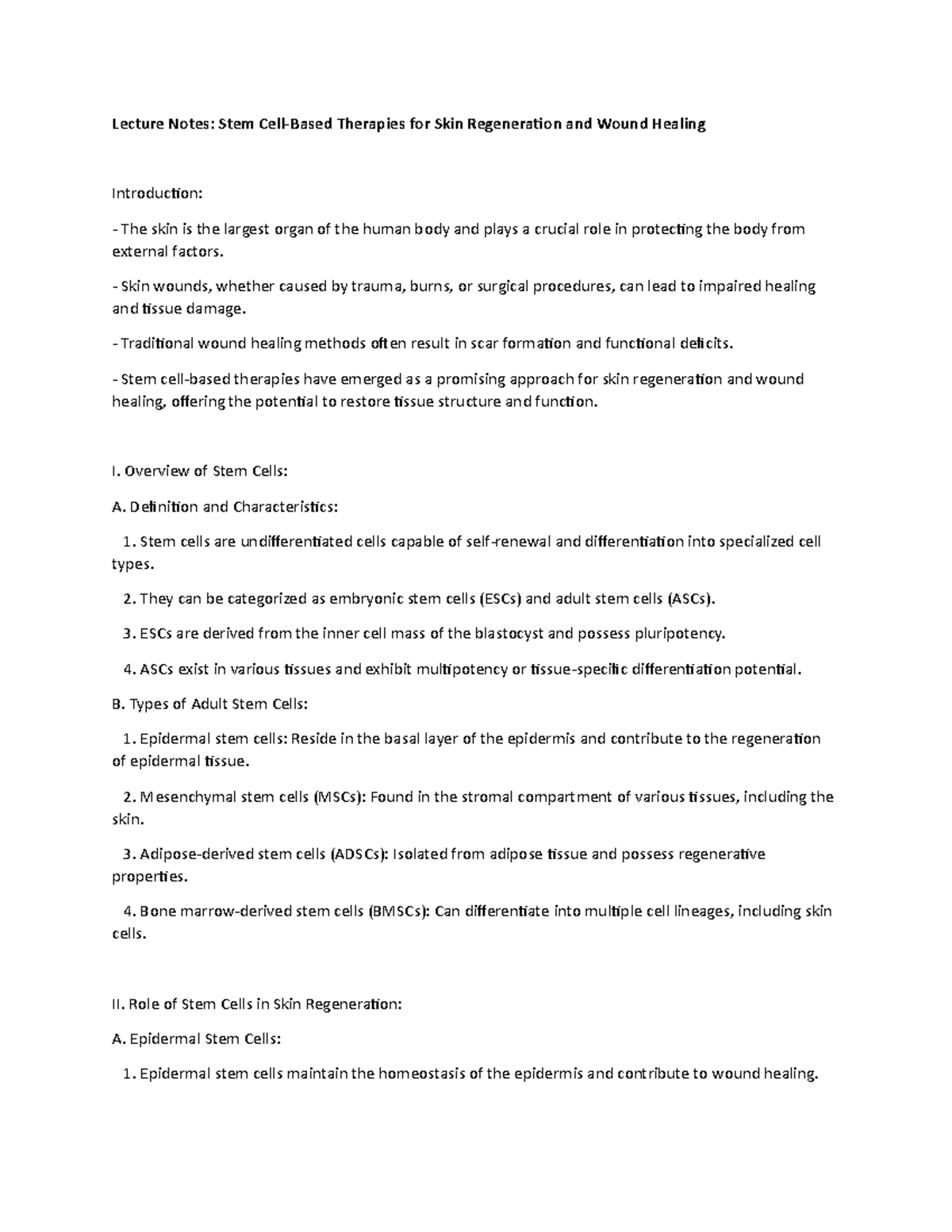 Lecture Notes: Stem Cell-Based Therapies for Skin Regeneration and ...