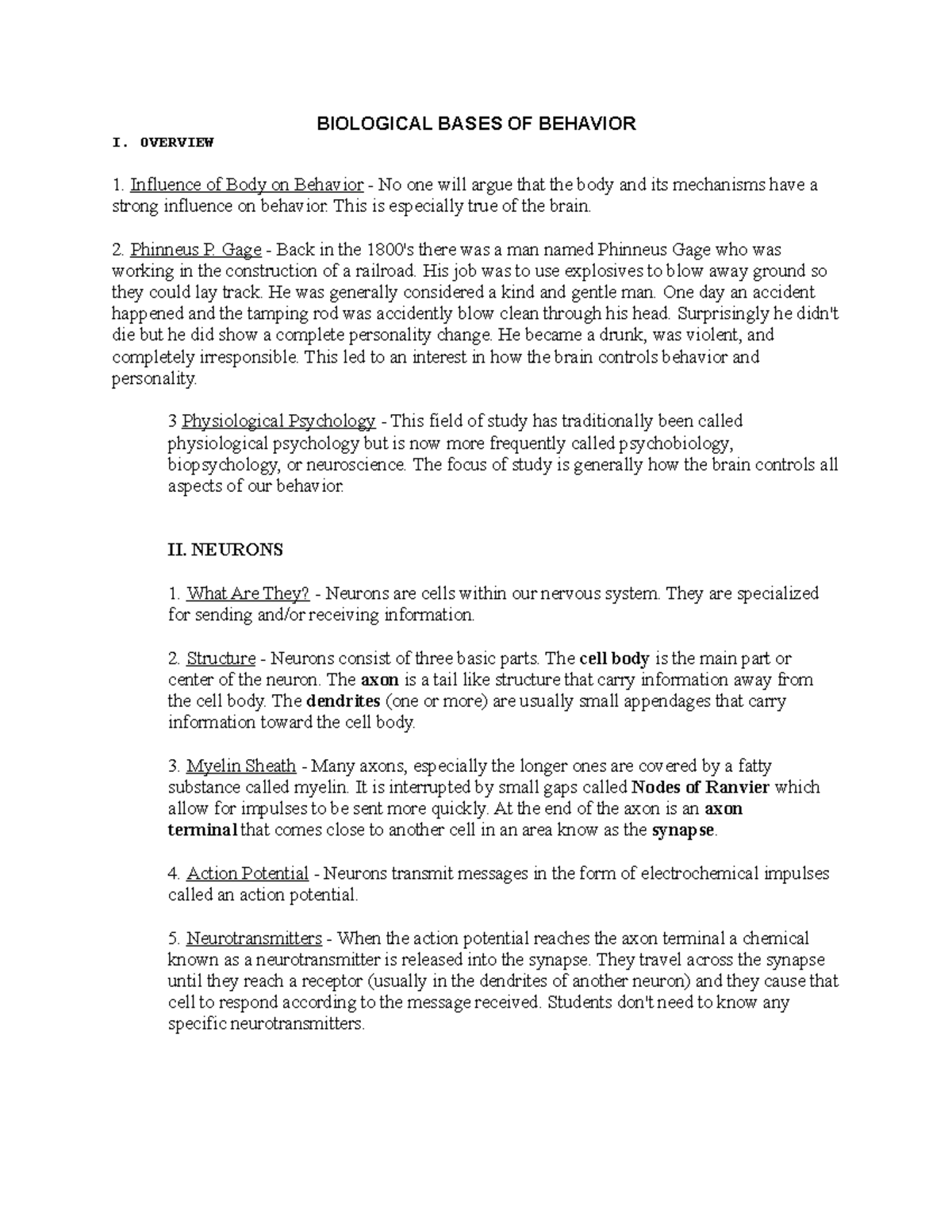 Biological Bases OF Behavior - BIOLOGICAL BASES OF BEHAVIOR I. OVERVIEW ...