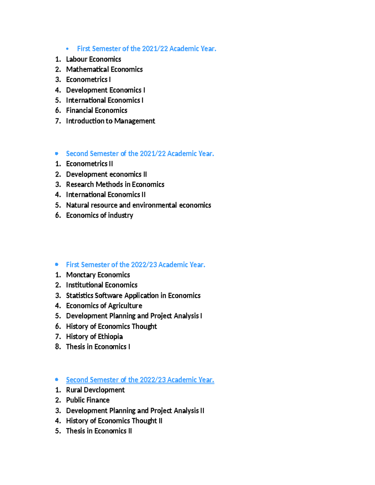 2nd to end year Course of Economics - First Semester of the 2021/22 ...