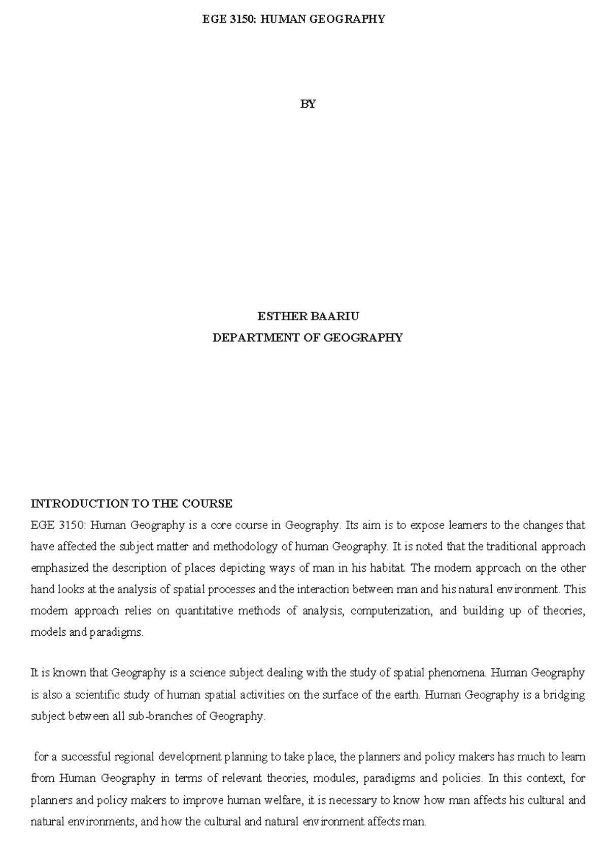 EGE 3150 Human GEO Lesson 1 - EGE 3150: HUMAN GEOGRAPHY BY ESTHER ...