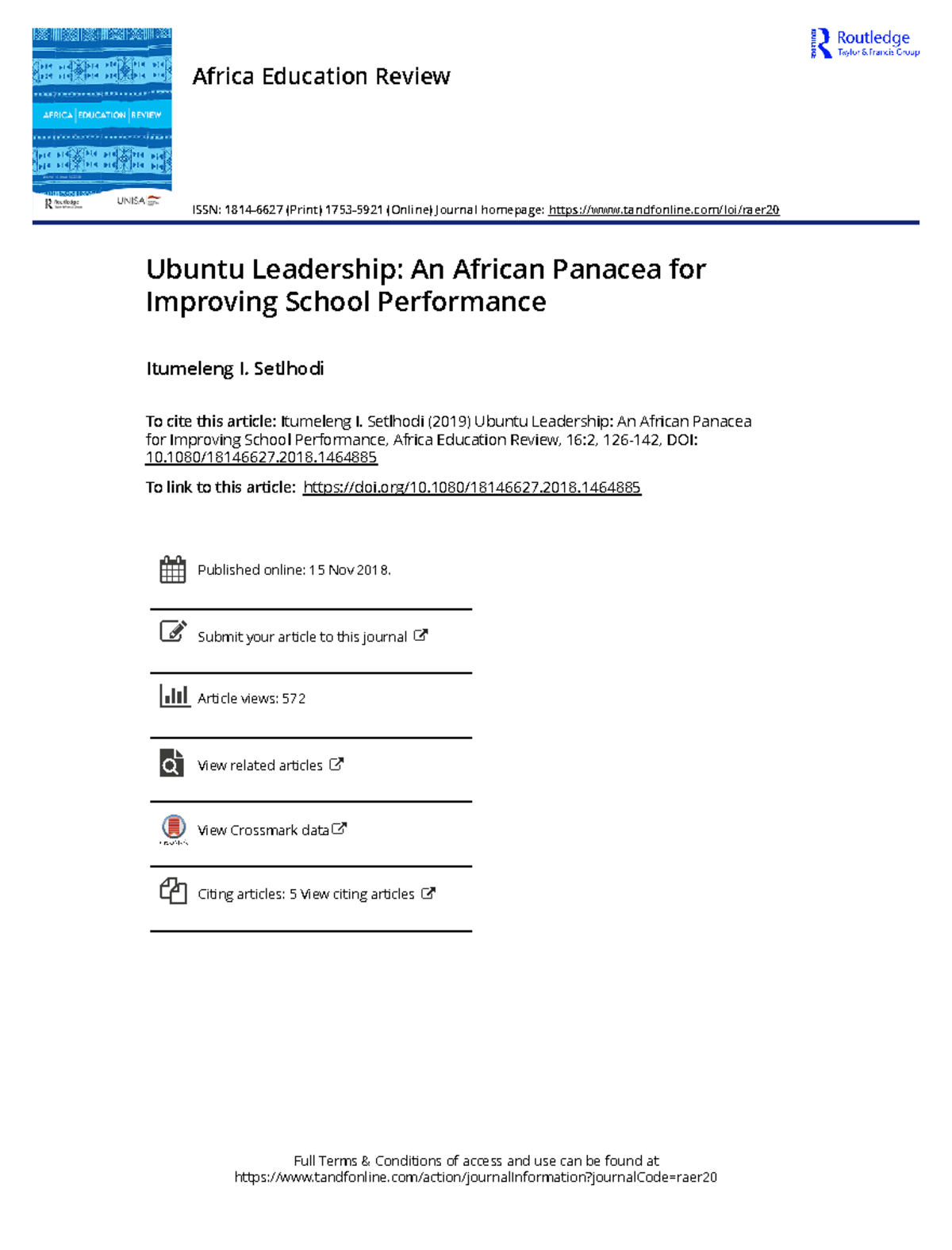 Ubuntu Leadership An African Panacea for Improving School Performance ...