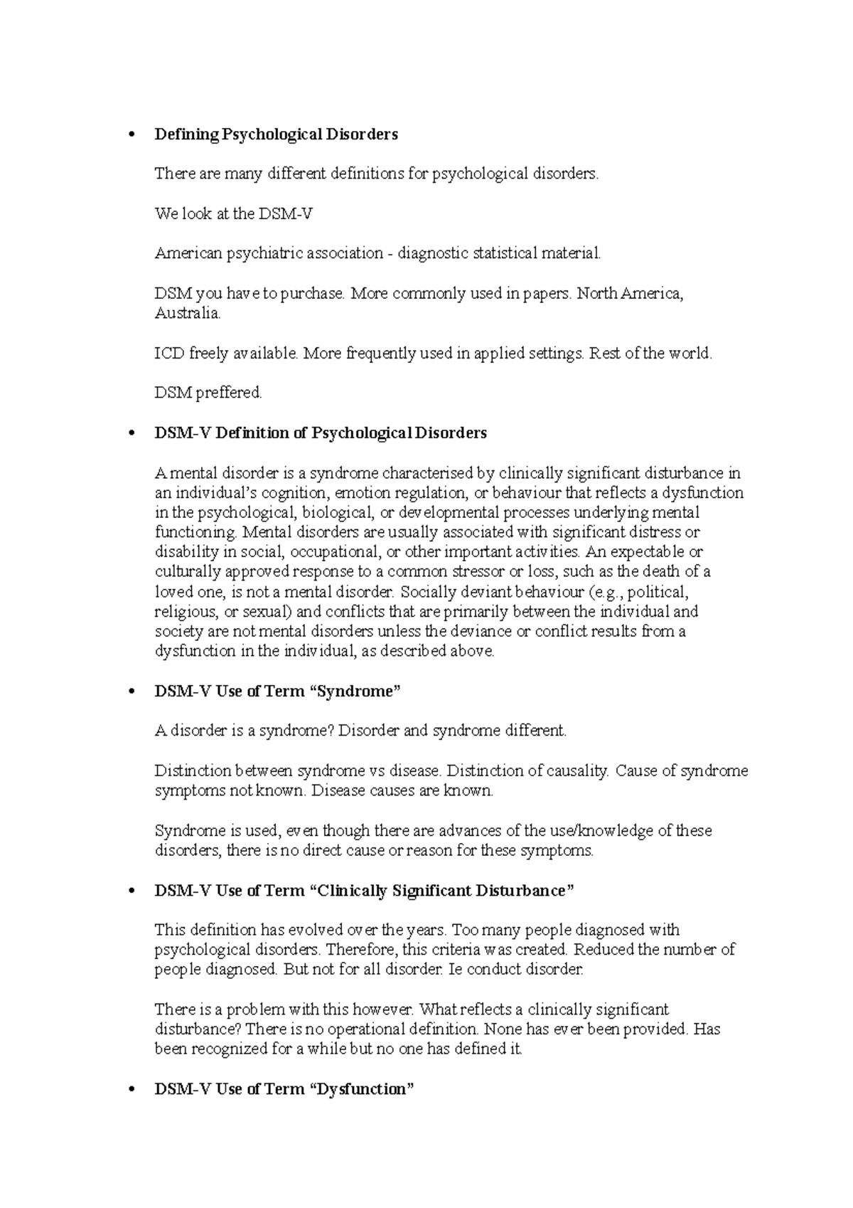 Psyc3314 lec 1 - Lecture 1 notes - Defining Psychological Disorders ...