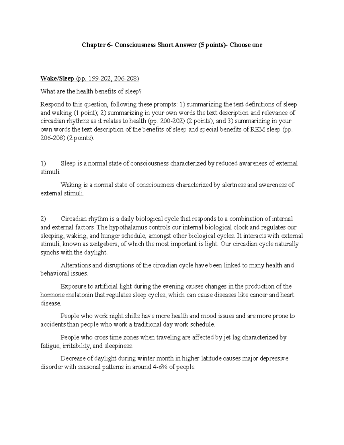 Ch 6 Short Answer Consciousness - Chapter 6- Consciousness Short Answer ...