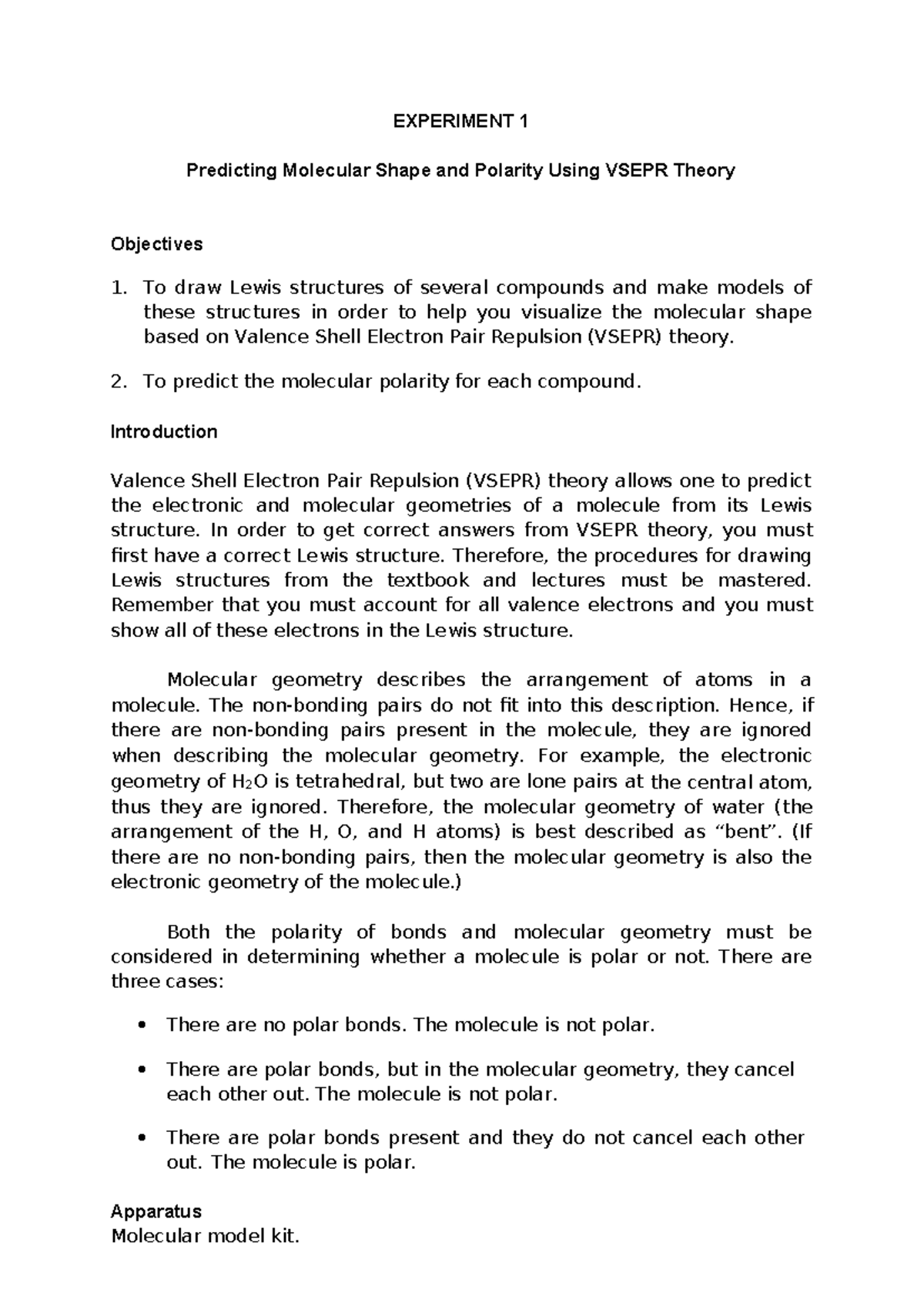 Experiment 1 - EXPERIMENT 1 Predicting Molecular Shape and Polarity ...