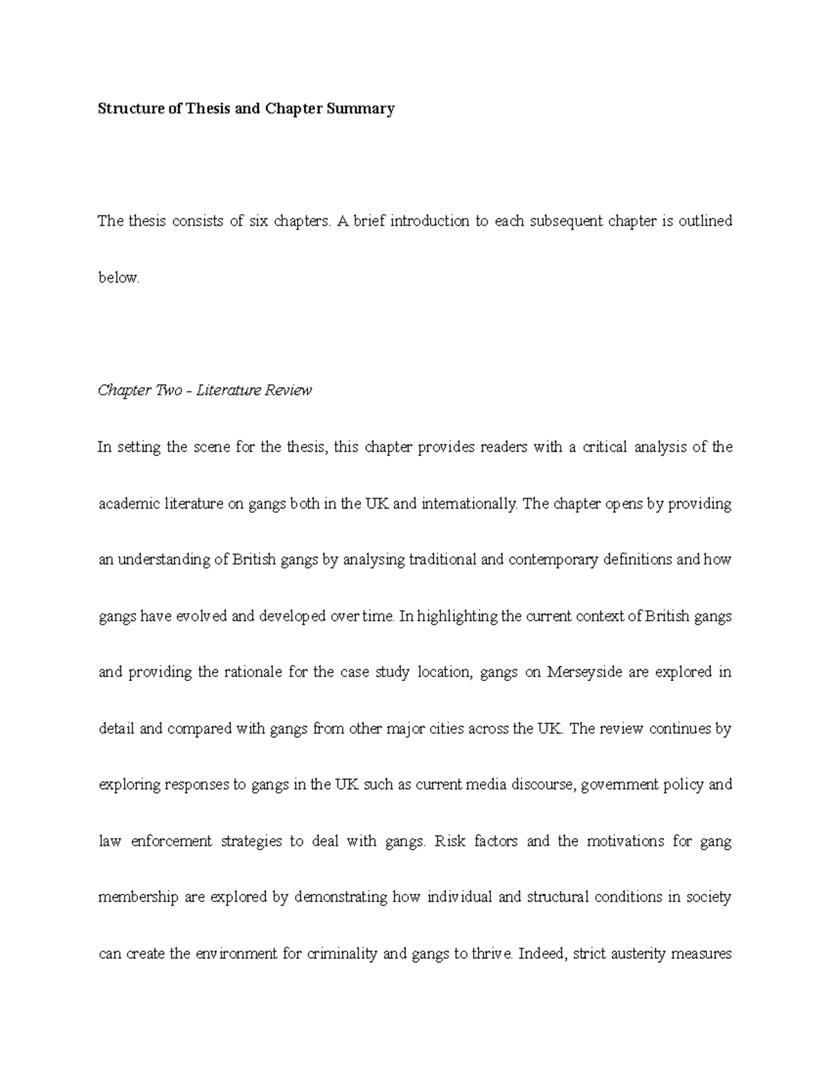 CG14 - notes - Structure of Thesis and Chapter Summary The thesis ...