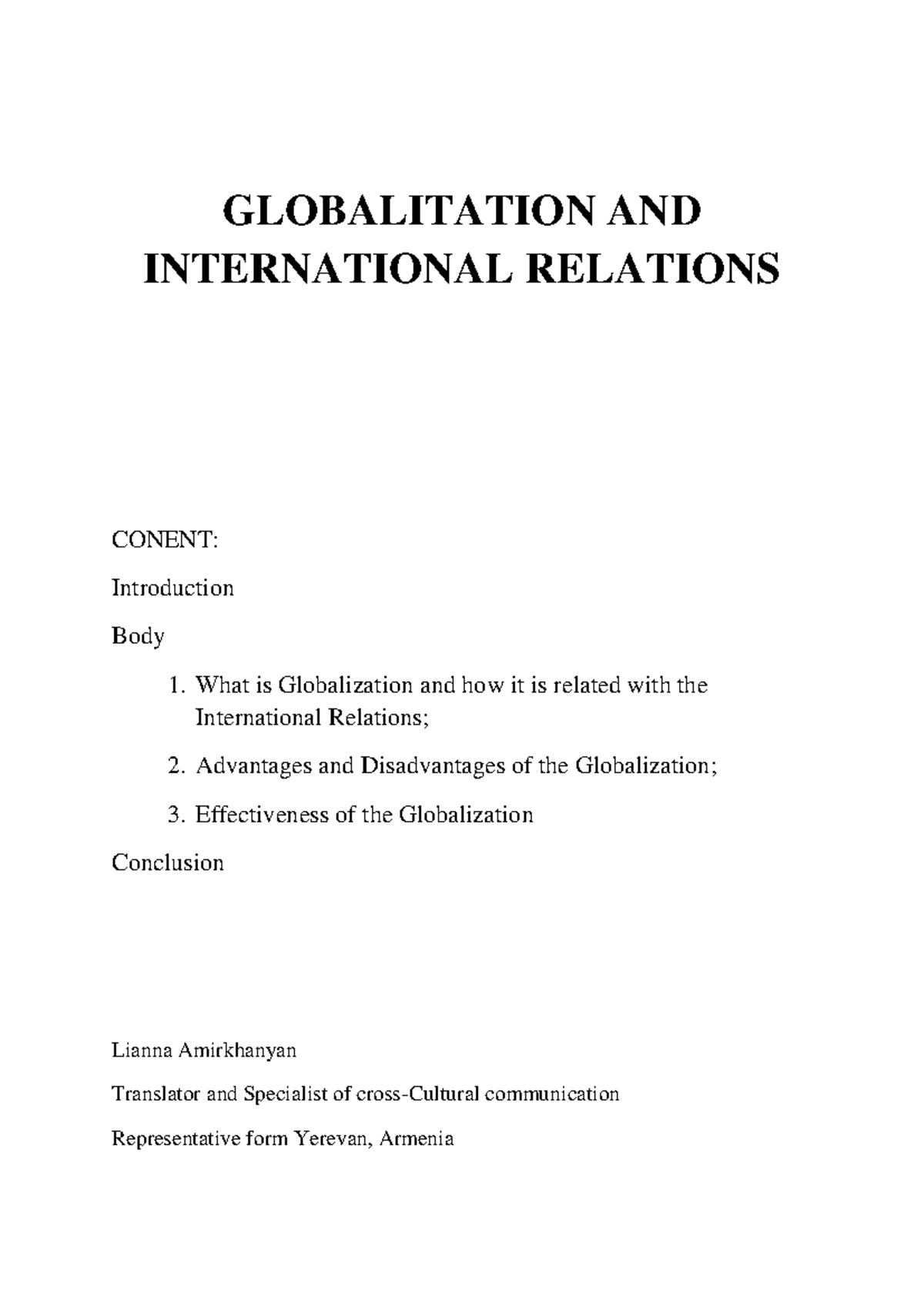 Globalization and International Relations Lianna Amirkhanyan ...