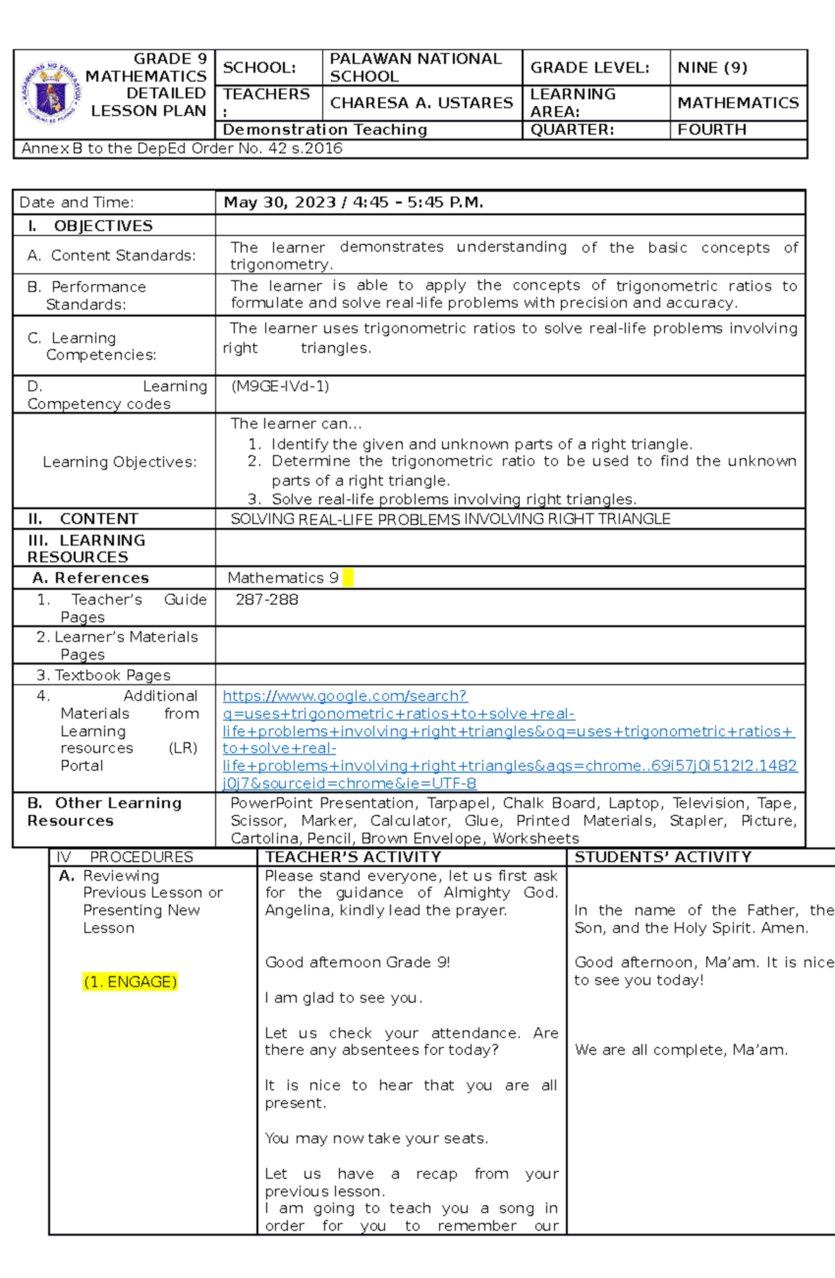 Inbound 6889861100942678219 - GRADE 9 MATHEMATICS DETAILED LESSON PLAN ...