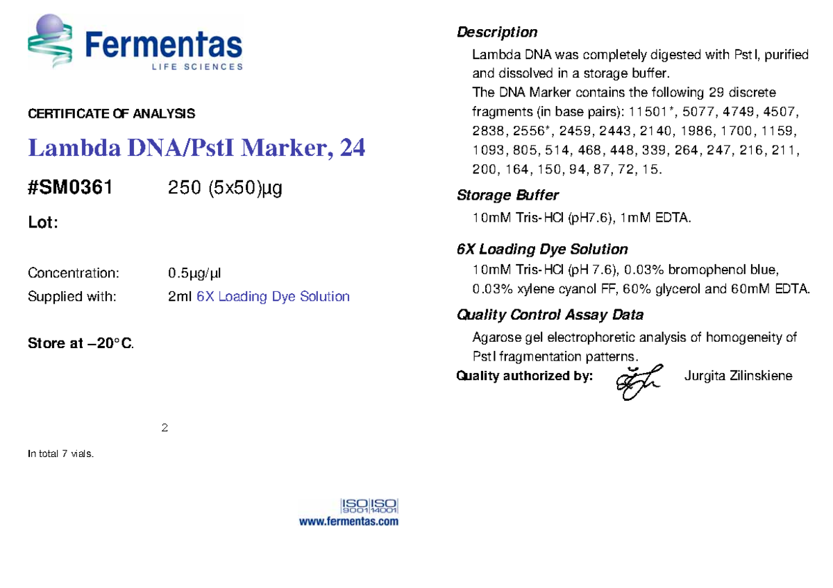 Lamda pst marker - kkkiii - CERTIFICATE OF ANALYSIS Lambda DNA/PstI ...