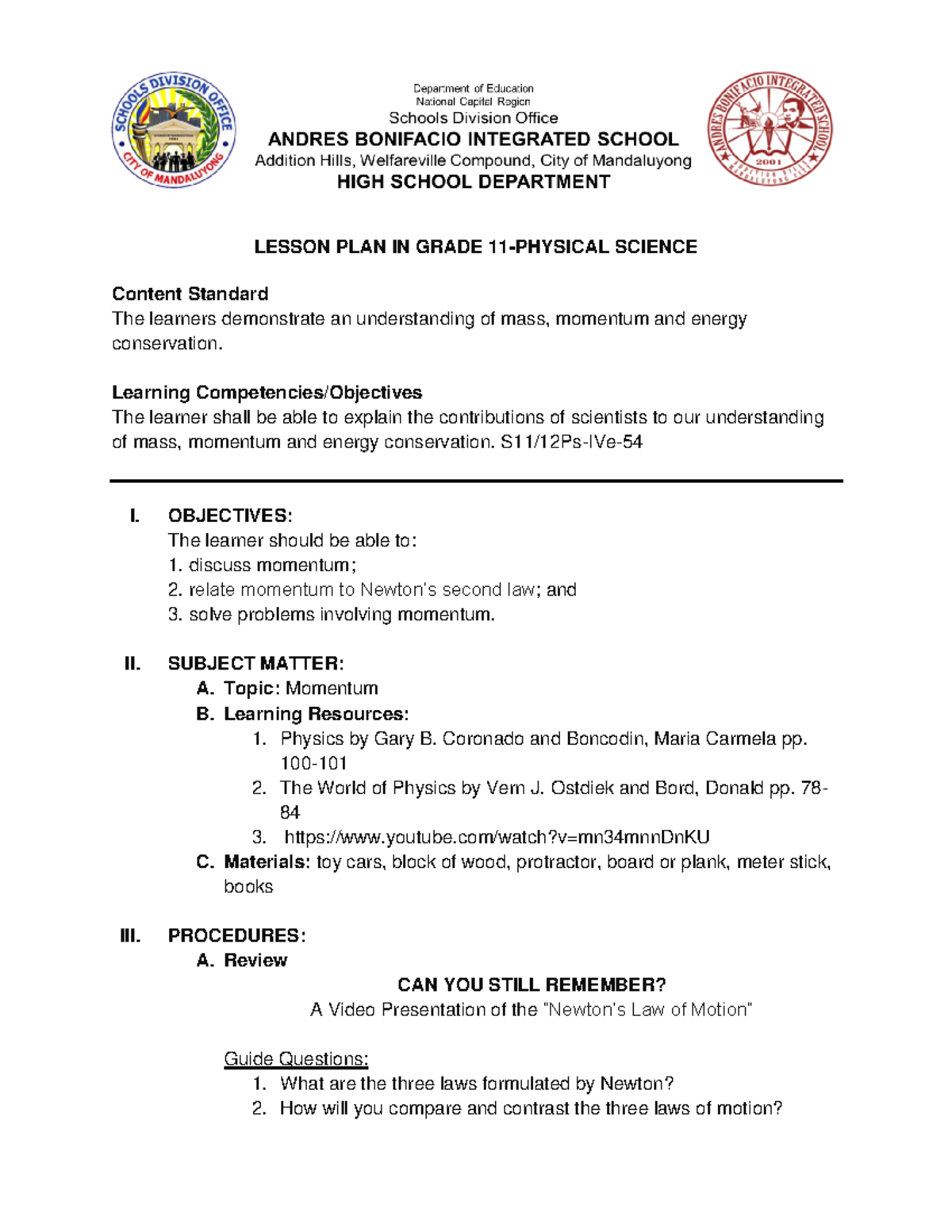 Lesson PLAN IN Science G11 LESSON PLAN IN GRADE 11 PHYSICAL SCIENCE lesson-plan-in-science-g11-lesson-plan-in-grade-11-physical-science