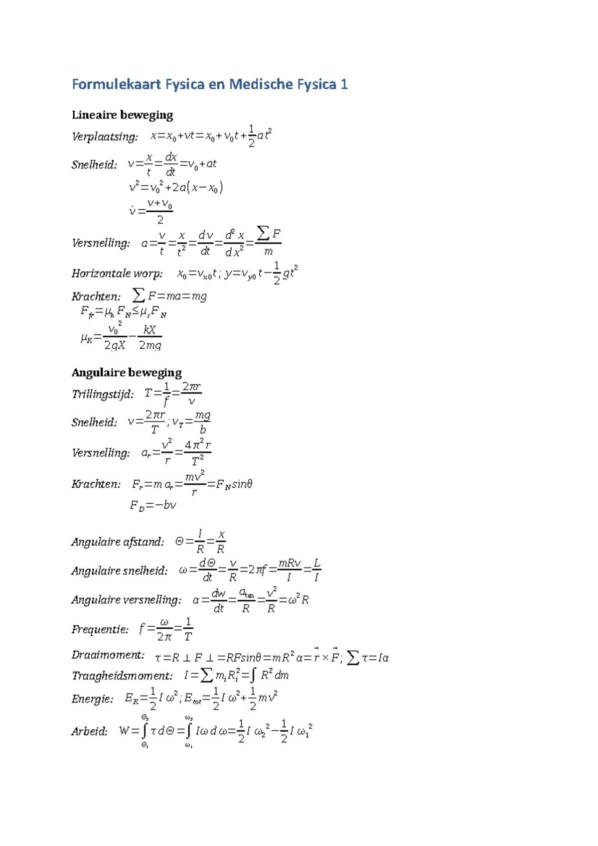 Samenvatting - alle benodigde formules - Formulekaart Fysica en ...