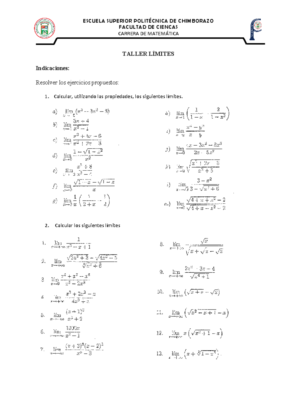 Taller Límites - fefefef - Matemática I - ESCUELA SUPERIOR POLITÉCNICA ...