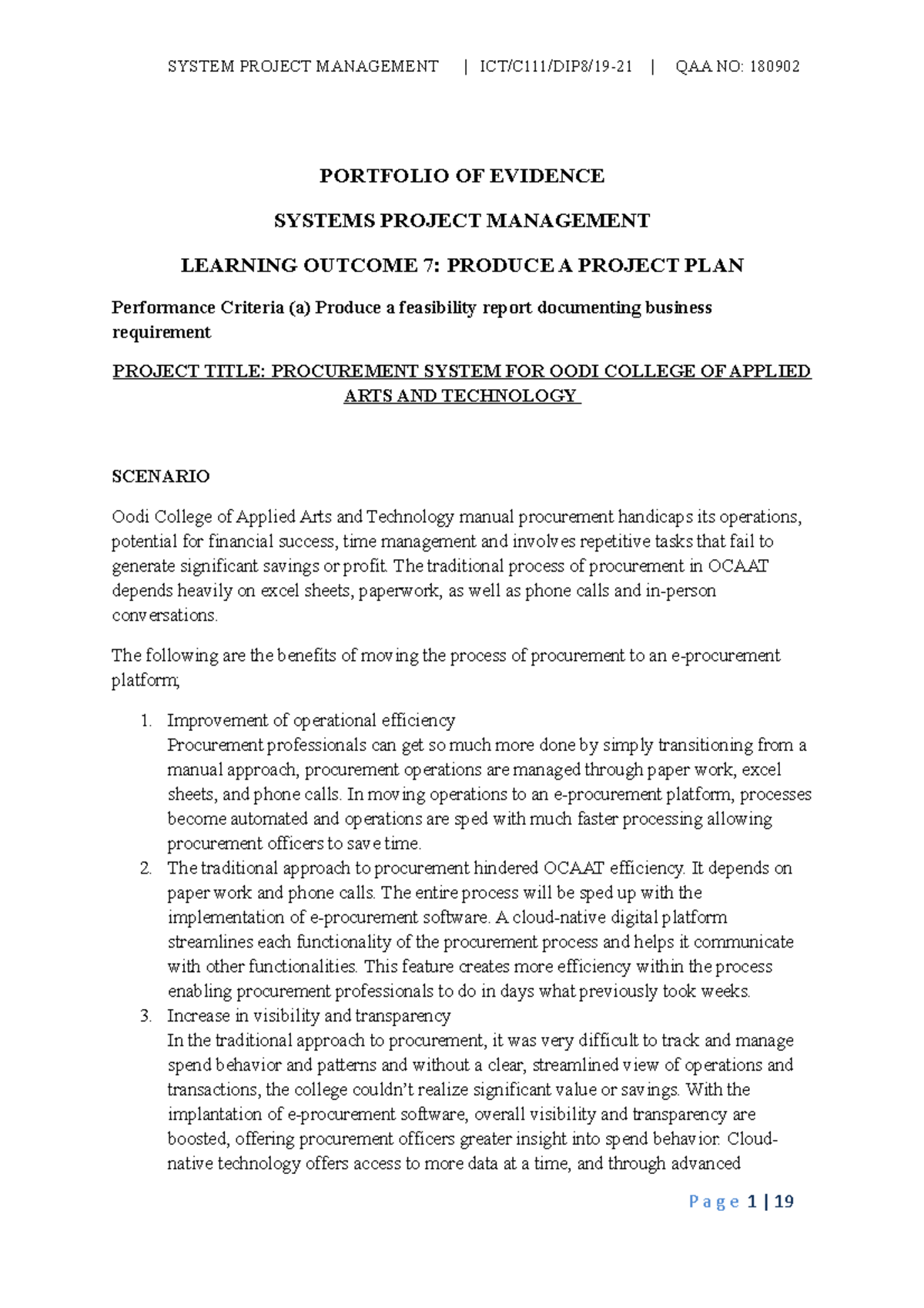 PROJECT TITLE: PROCUREMENT SYSTEM FOR OODI COLLEGE OF APPLIED ARTS AND ...