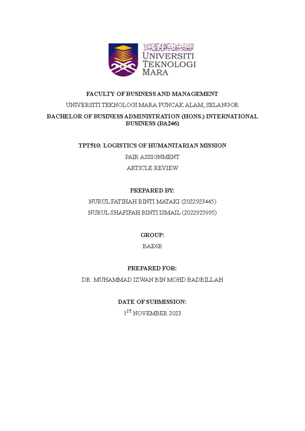 Pair Assignment TPT510 - FACULTY OF BUSINESS AND MANAGEMENT UNIVERSITI ...