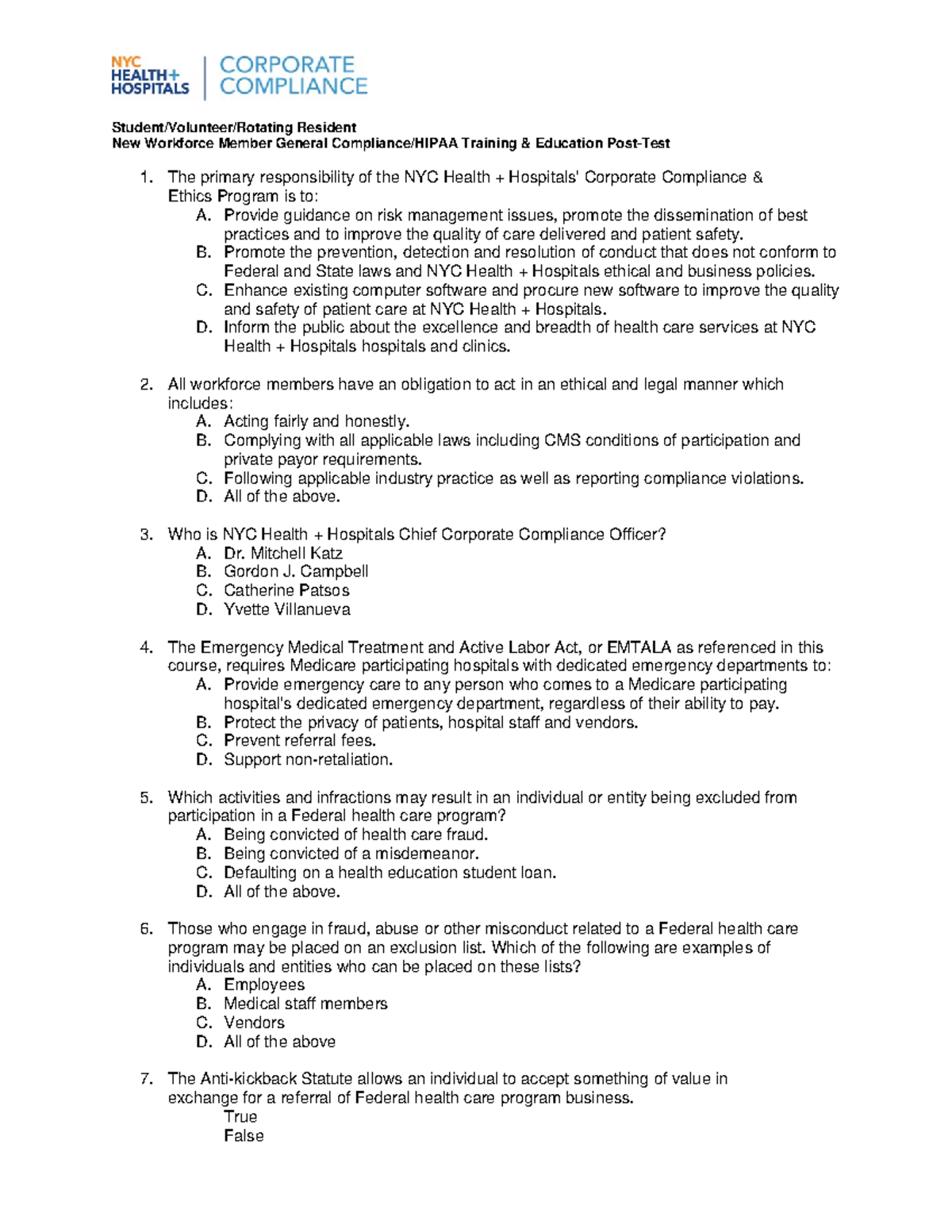 Hipaa Module Post Test 6 - Student/Volunteer/Rotating Resident New ...