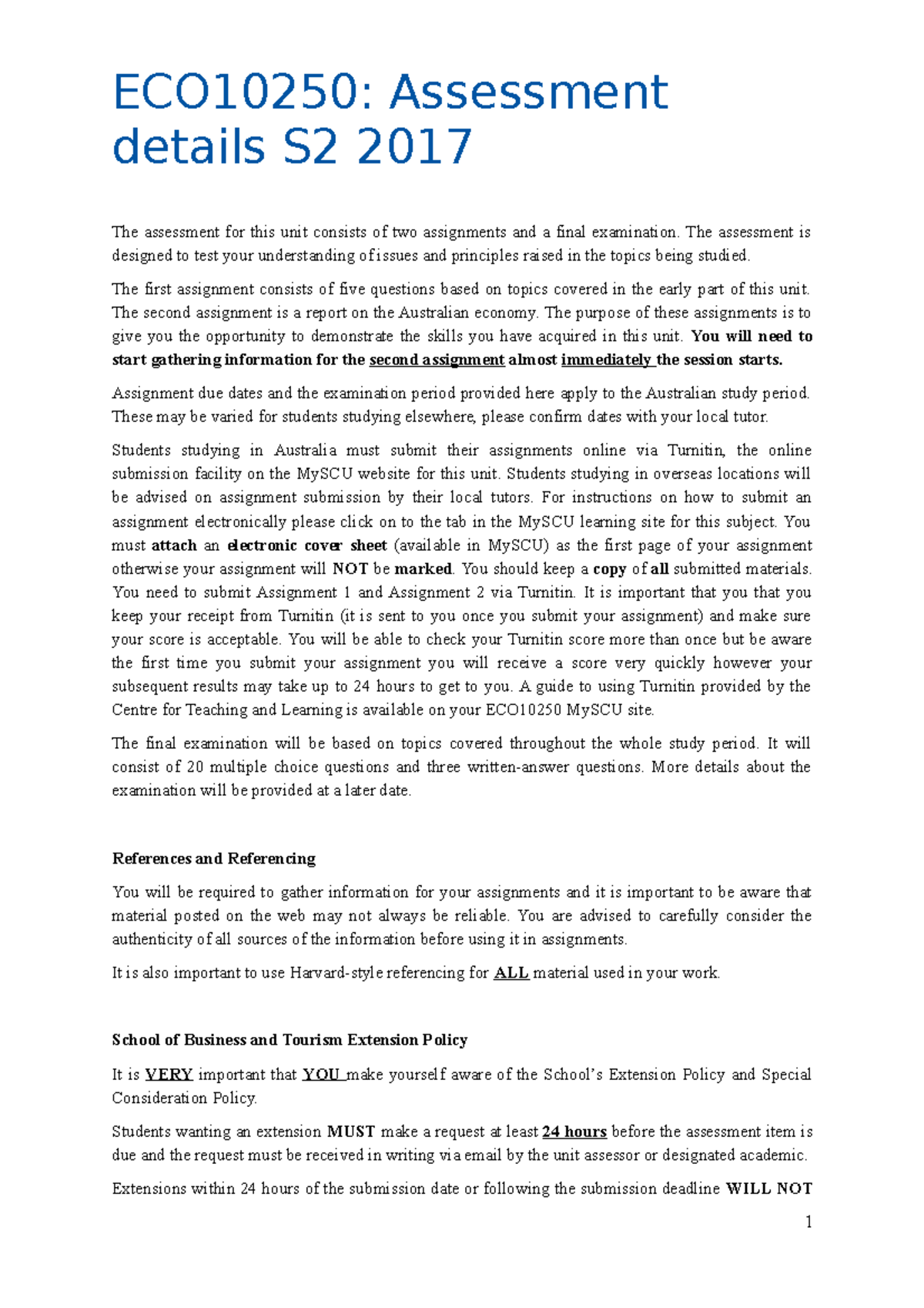 Assessment details 2017 Final - ECO10250: Assessment details S2 2017 ...