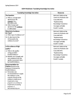 EIDM Worksheet Translating Knowledge into Action 1 - EIDM Worksheet: Translating Knowledge into ...