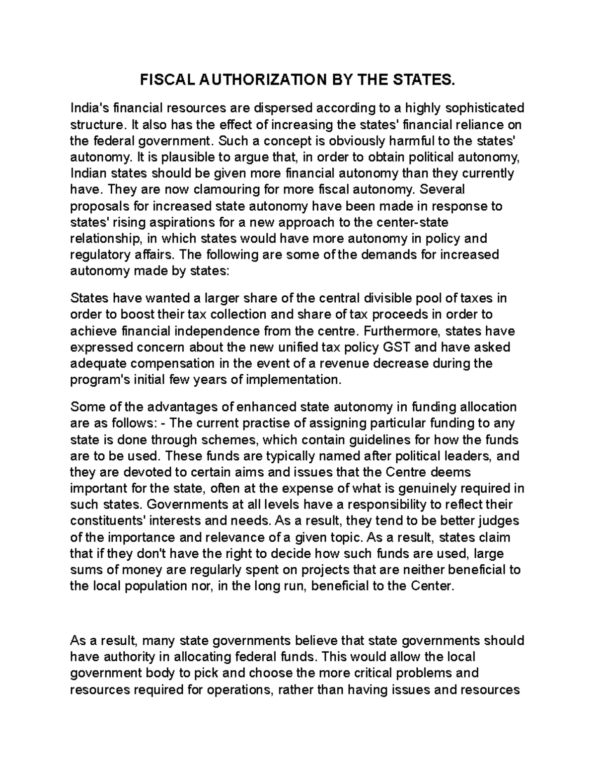 Demand FOR Fiscal Autonomy BY THE States - FISCAL AUTHORIZATION BY THE ...