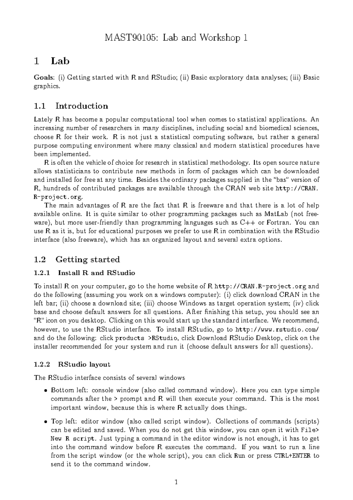 Lab Workshop Week 1 - Methods of Mathematical Statistics (MAST90105 ...
