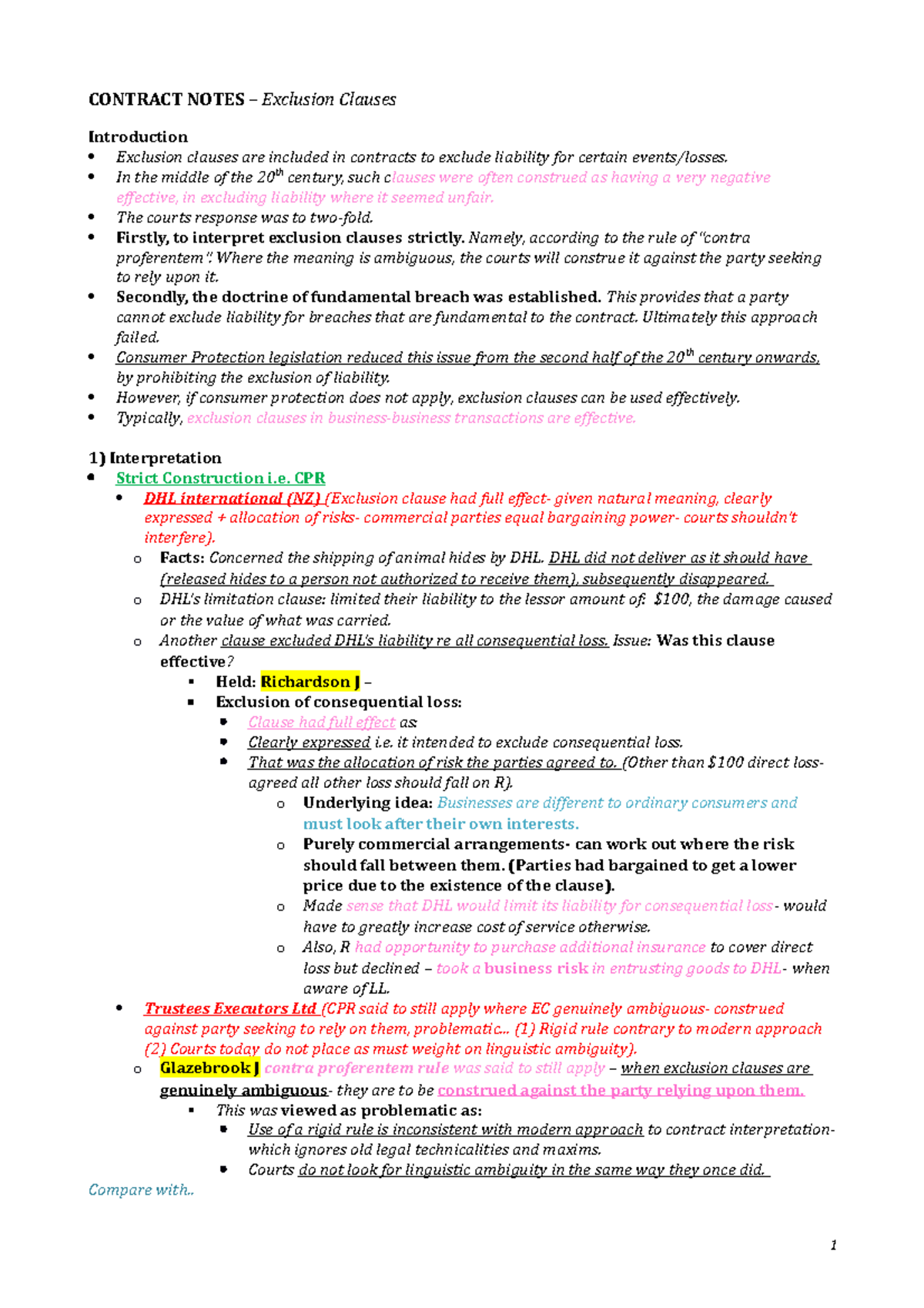 Exclusion Clauses - Exam summary - CONTRACT NOTES – Exclusion Clauses ...