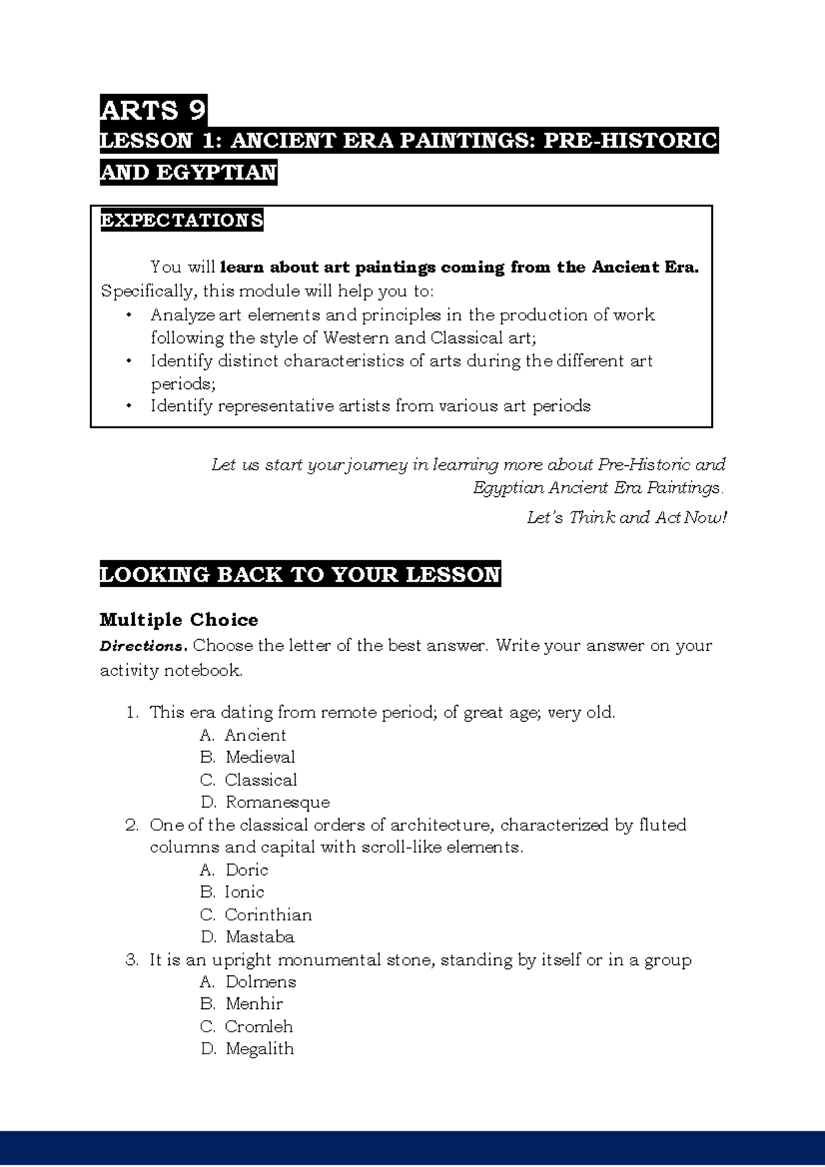 ARTS-9 - lesson - ARTS 9 LESSON 1: ANCIENT ERA PAINTINGS: PRE-HISTORIC ...