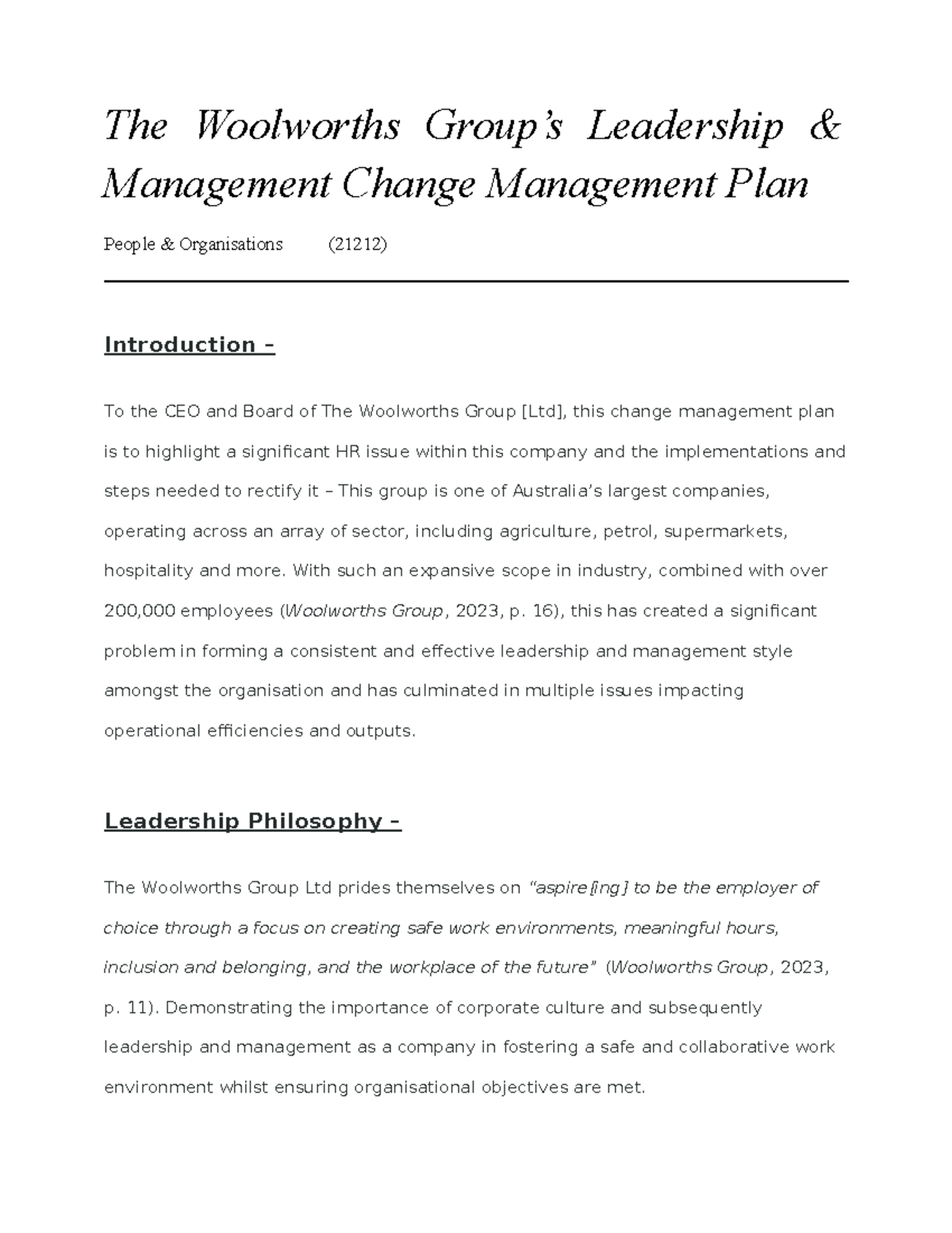P&O final assignment - The Woolworths Group’s Leadership & Management ...