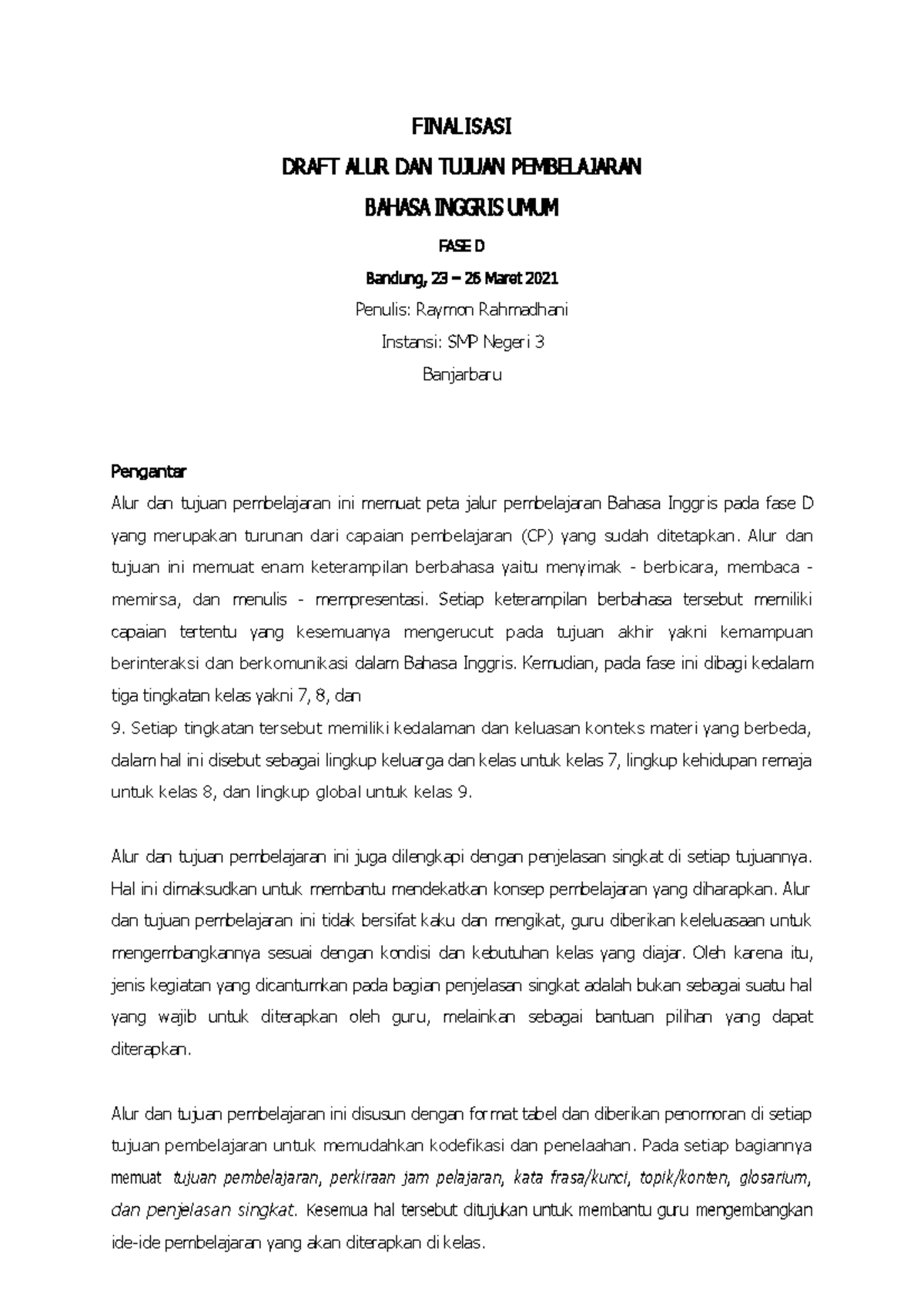 Capaian Pembelajaran Bahasa Inggris - FINALISASI DRAFT ALUR DAN TUJUAN ...