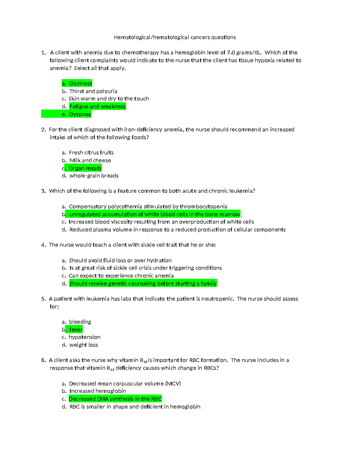 Hematological practice questions answers - Hematological/hematological ...